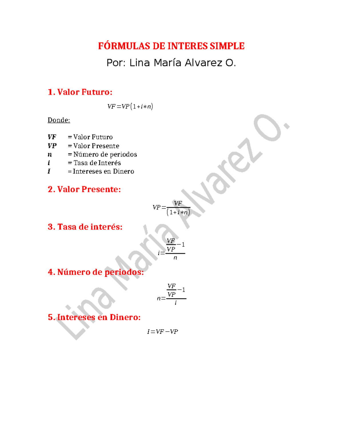 Fórmulas Interés Simple - Matemáticas financieras - FÓRMULAS DE INTERES ...
