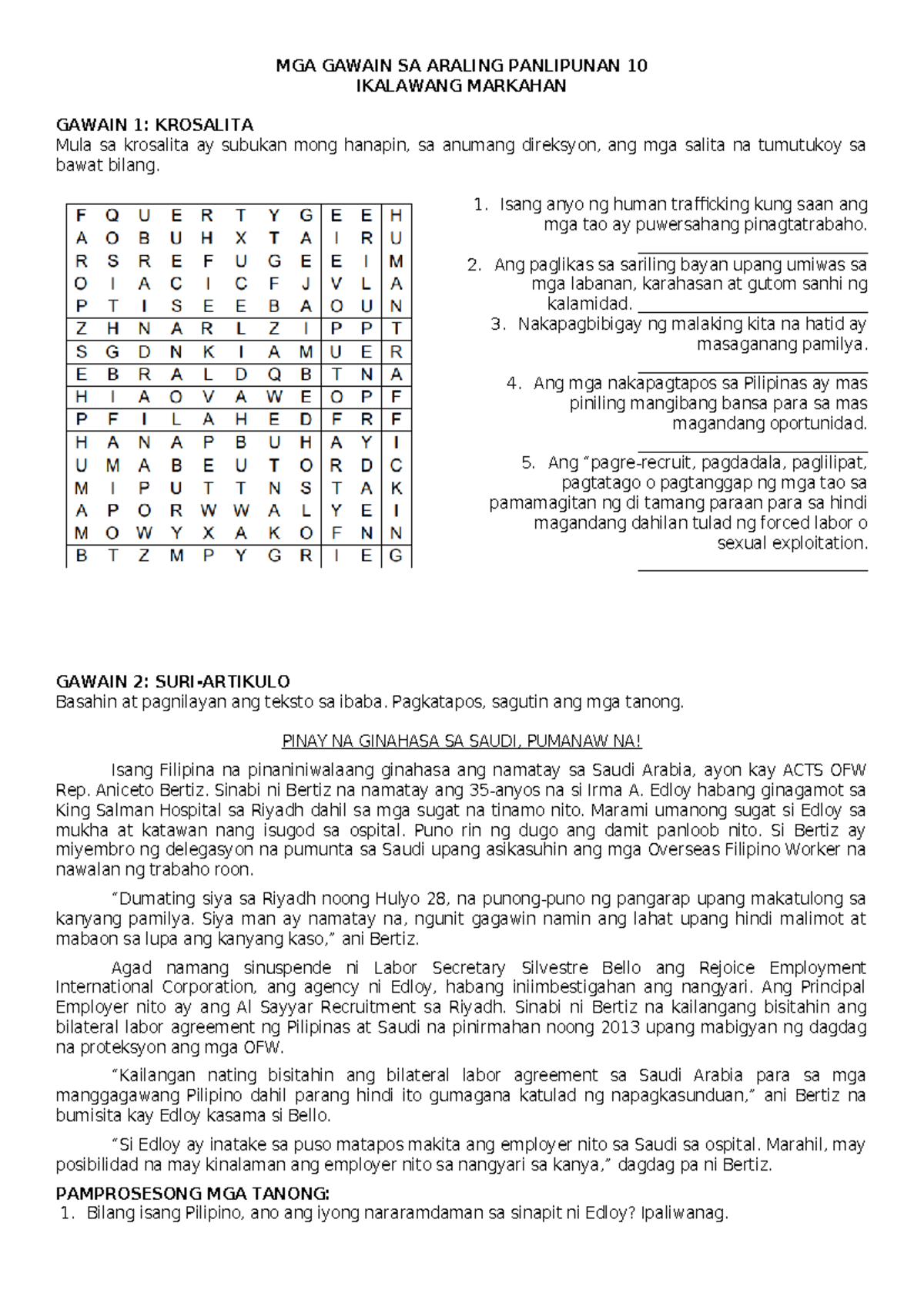 MGA Gawain SA Araling Panlipunan 10 - MGA GAWAIN SA ARALING PANLIPUNAN ...