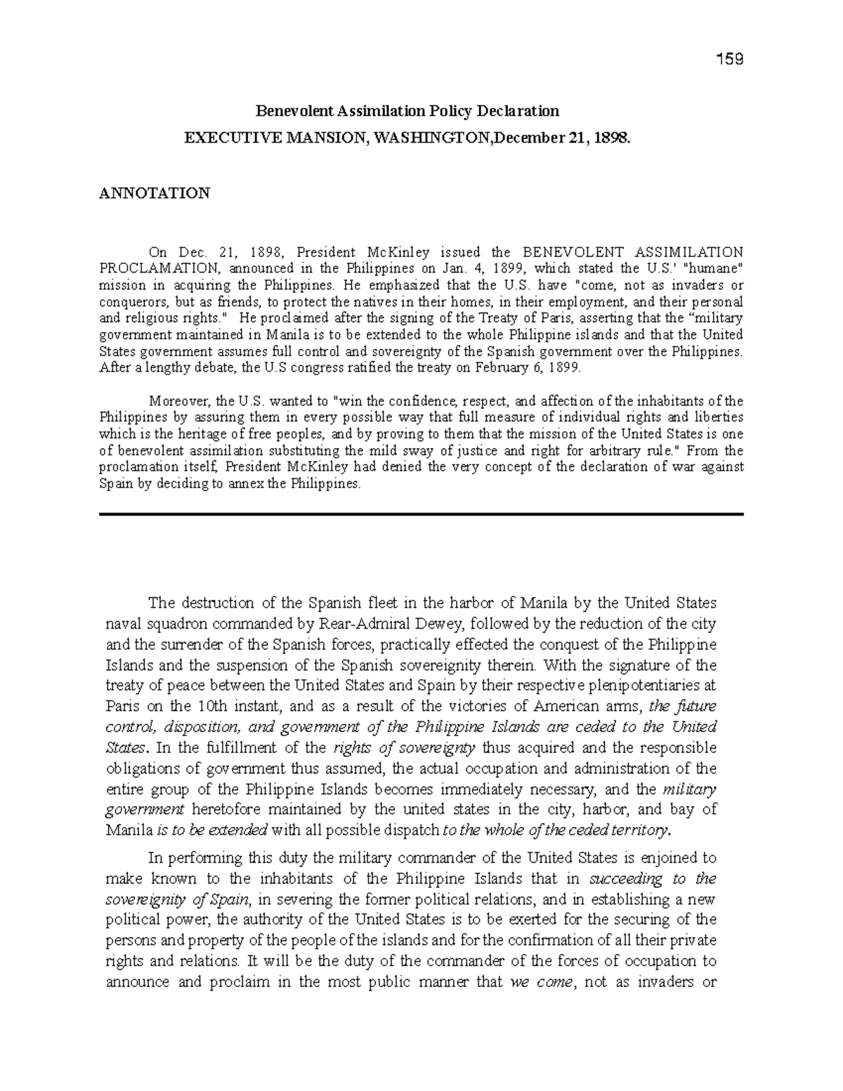 Lecture notes on the Proclamation of Benevolent Assimilation ...