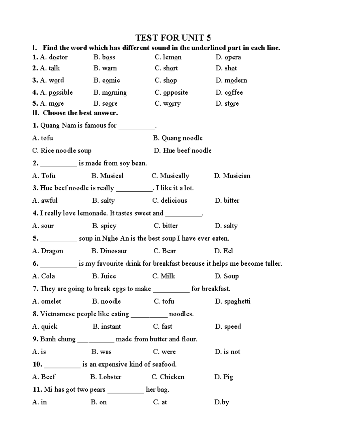 TEST FOR UNIT 5 - TEST FOR UNIT 5 - TEST FOR UNIT 5 I. Find the word ...