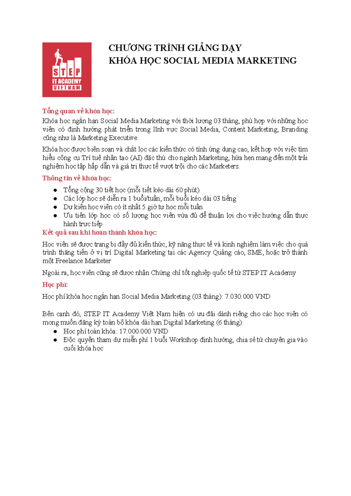 STEP SMM Digital Marketing Vietnam - CHƯƠNG TRÌNH GIẢNG DẠY KHÓA HỌC ...