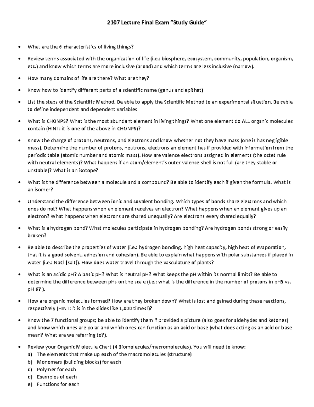 2107 Lecture Final Exam Study Guide 2107 Lecture Final Exam Study