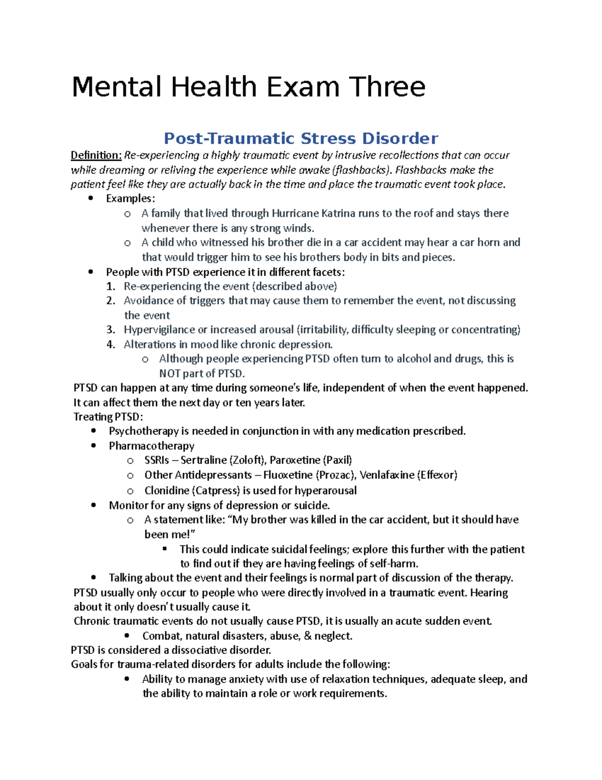 MH Exam 3 - Exam 3 lecture notes - Mental Health Exam Three Post ...