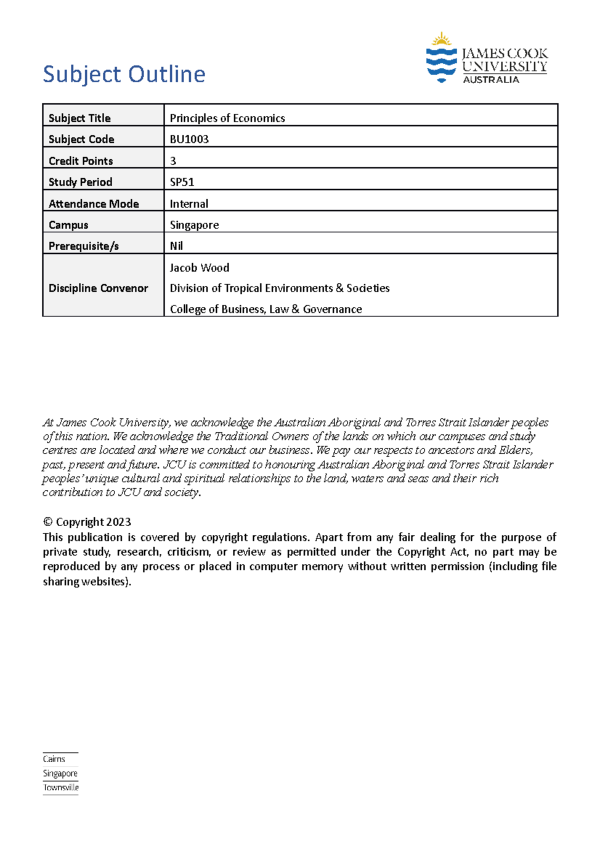 23 BU1003 SIN SP51 INT - assessment1 - Subject Outline Subject Title ...