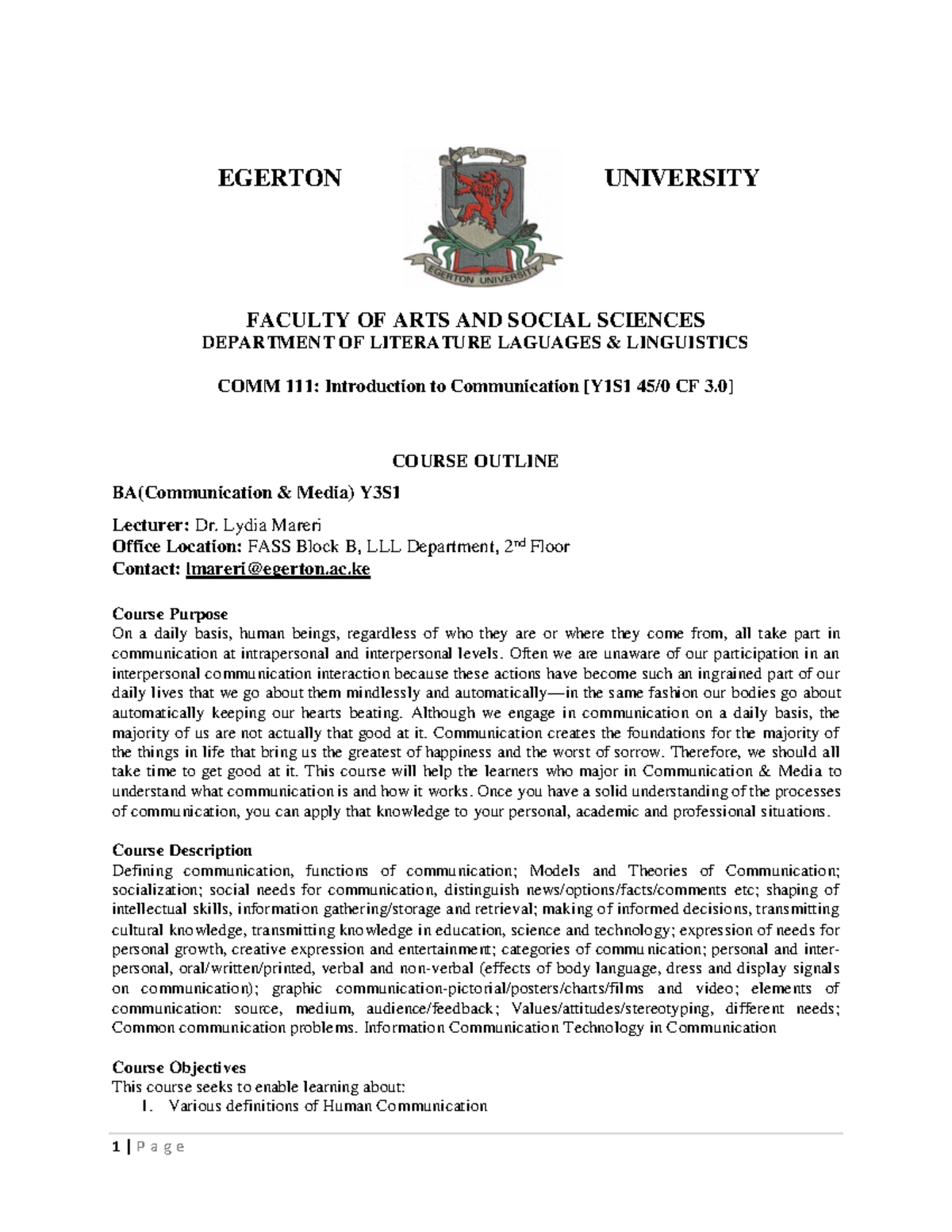 COMM 111 Course Outline 2024 - FACULTY OF ARTS AND SOCIAL SCIENCES ...