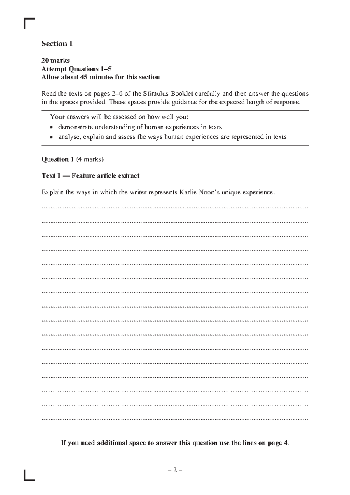 2021 HSC English Standard Paper 1 Section I 20 Marks Attempt
