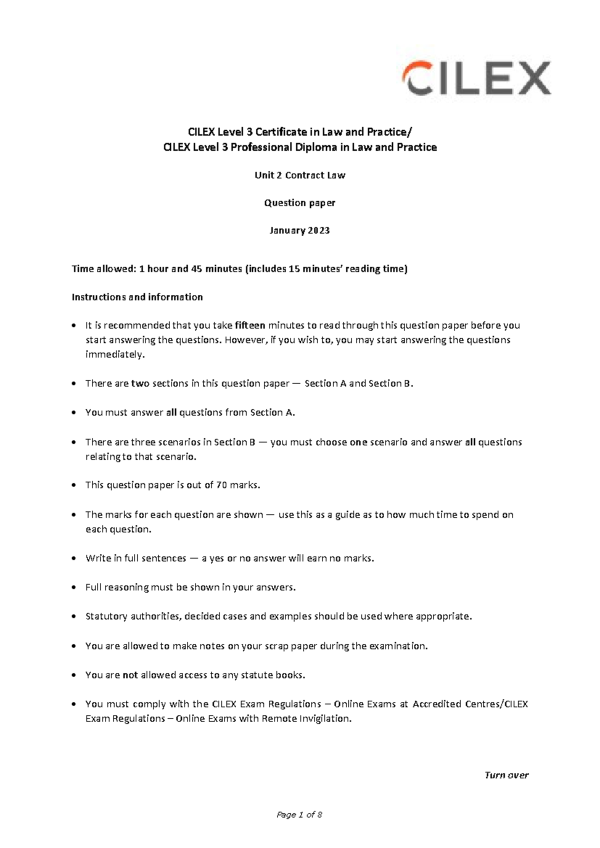 Contract law qn - good - CILEX Level 3 Certificate in Law and Practice ...