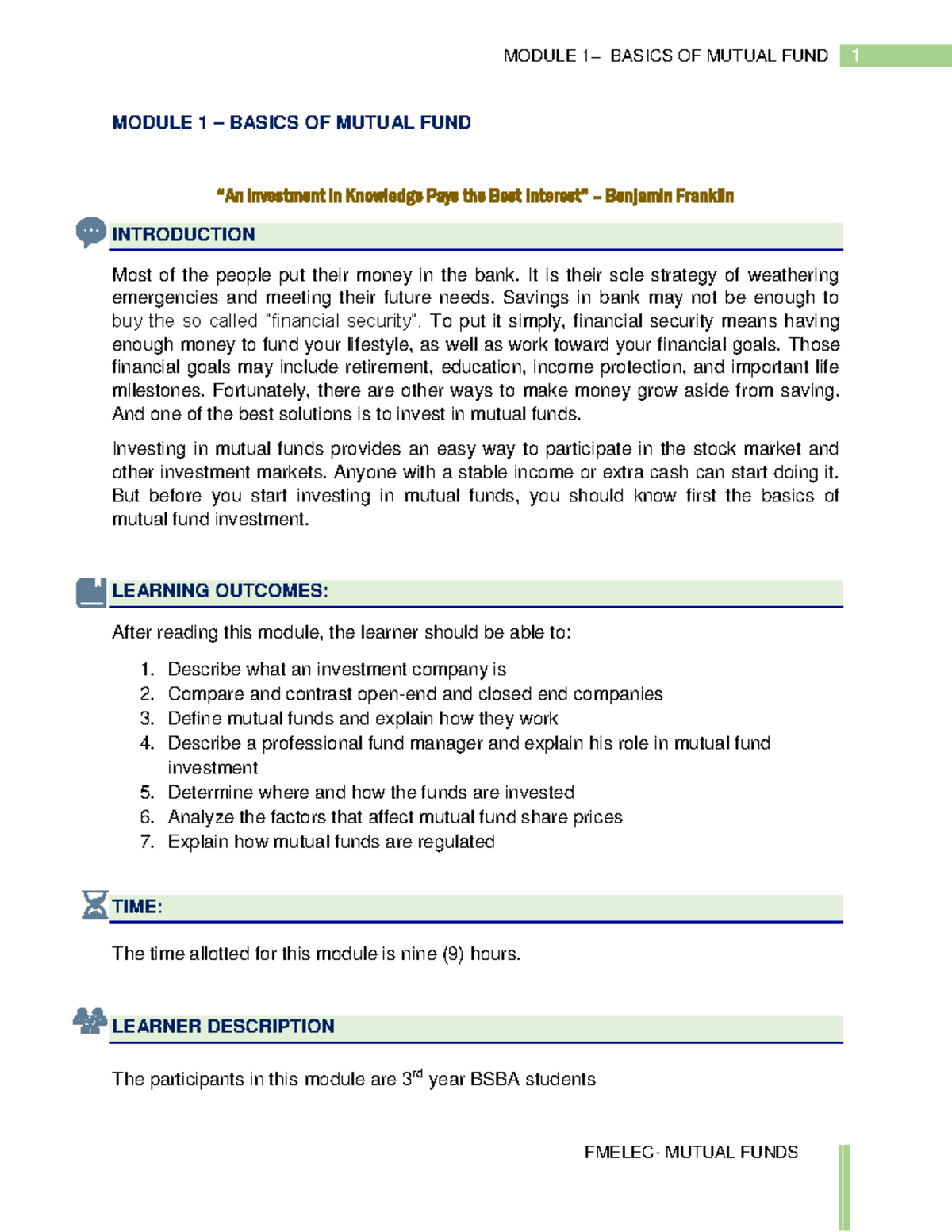 Module 1 -Basics of Mutual Fund - MODULE 1 – BASICS OF MUTUAL FUND “An ...