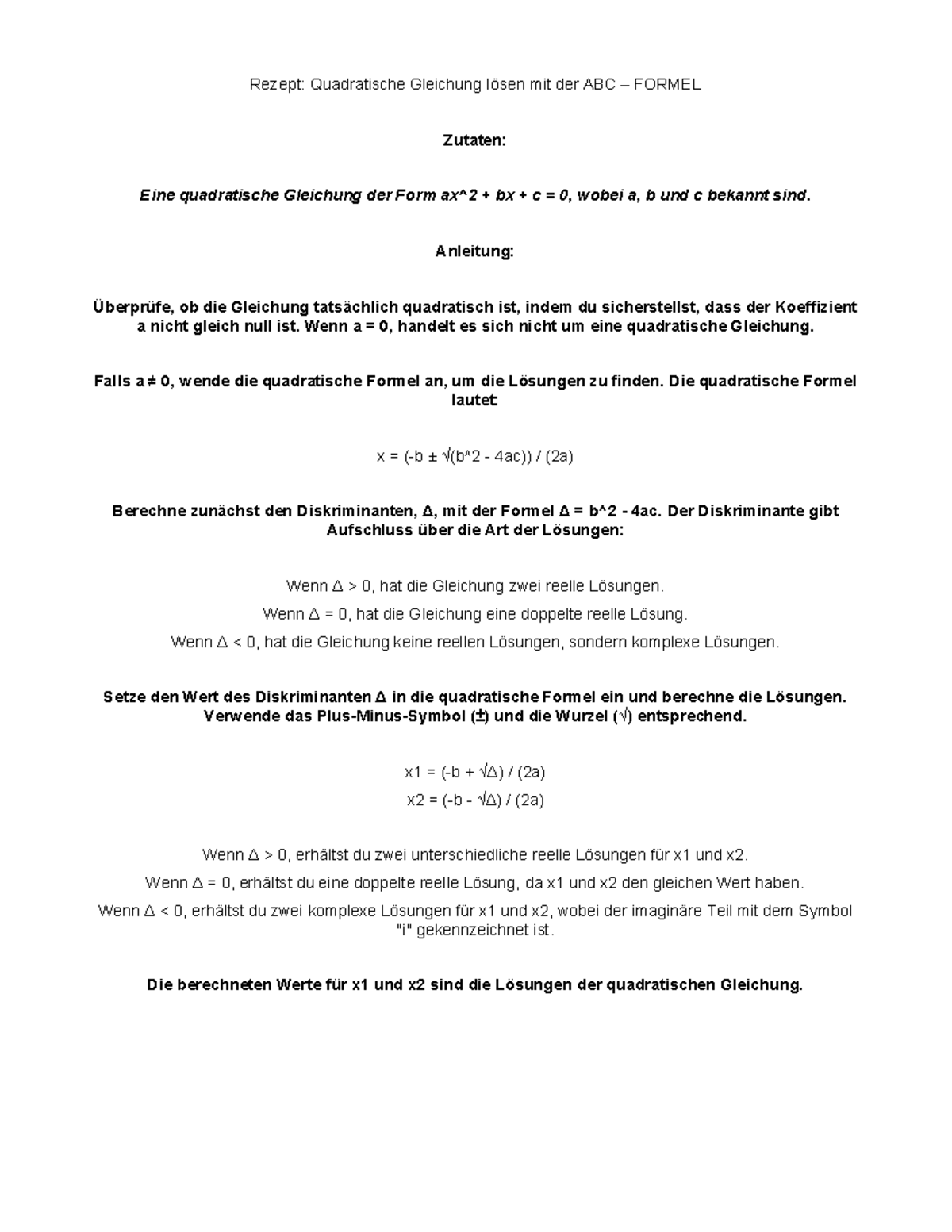 Quadratische Gleichung lösen mit der ABC – Formel - Rezept ...