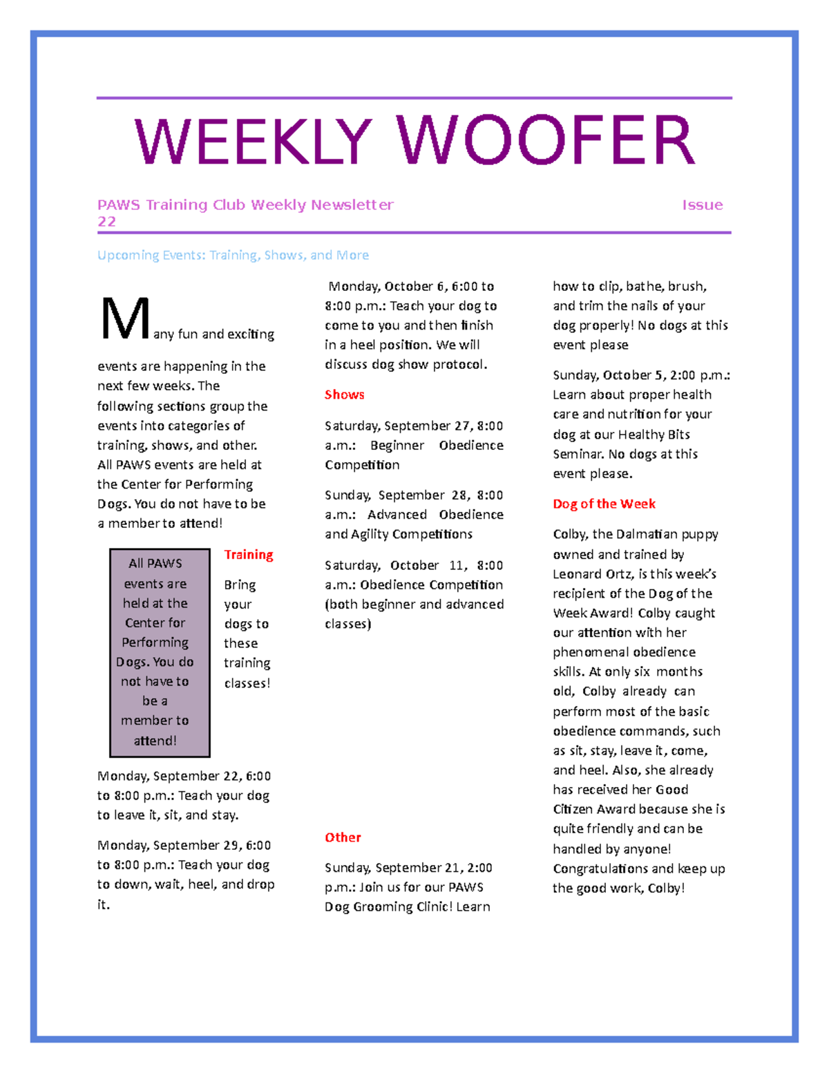 Weekly Woofer news article example sample of what to submit by ...