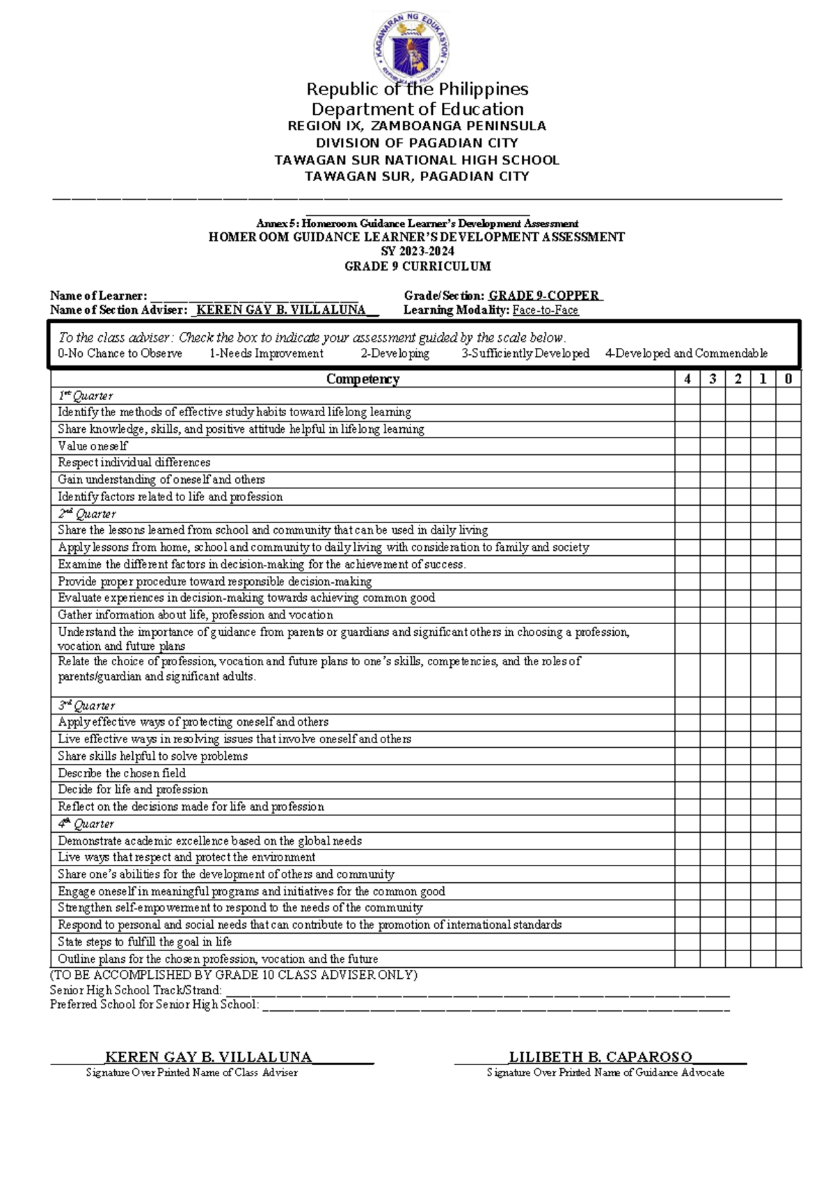 Tsnhs HG Assessment TOOL G7 G10 SY 2023 2024 - Republic of the ...