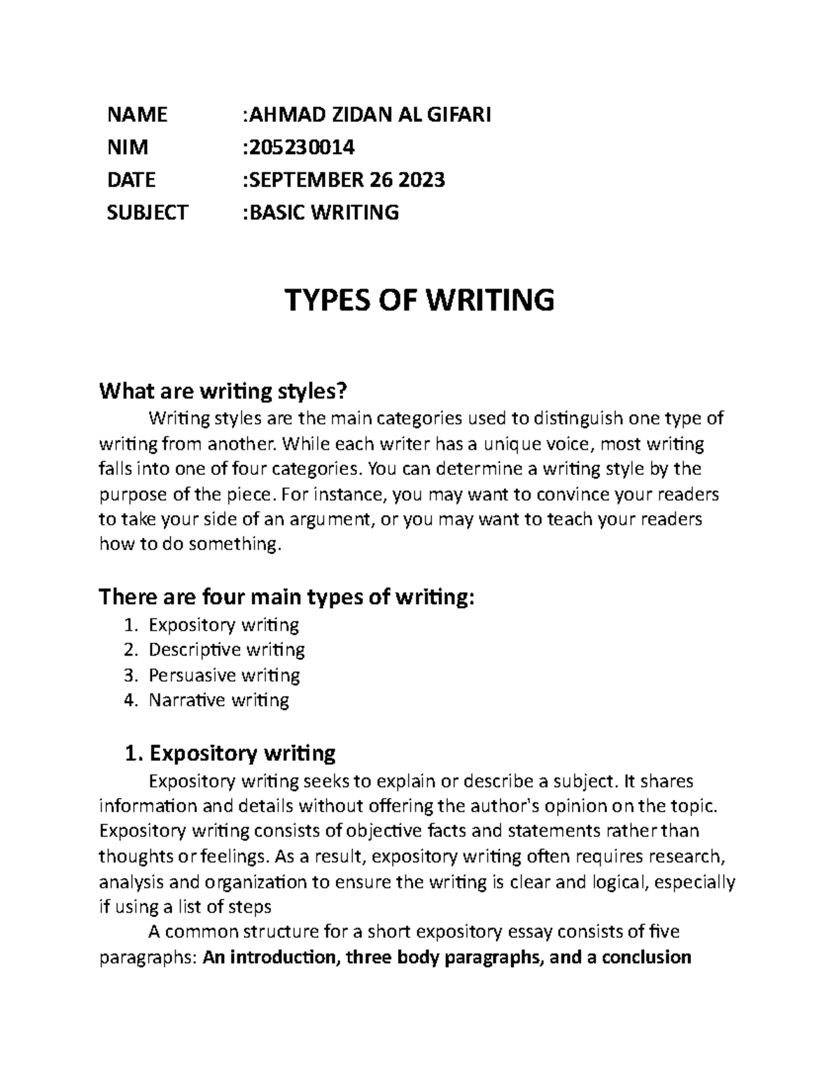 Assignment Explain four types of writing Ahmad Zidan Al Gifari NIM ...