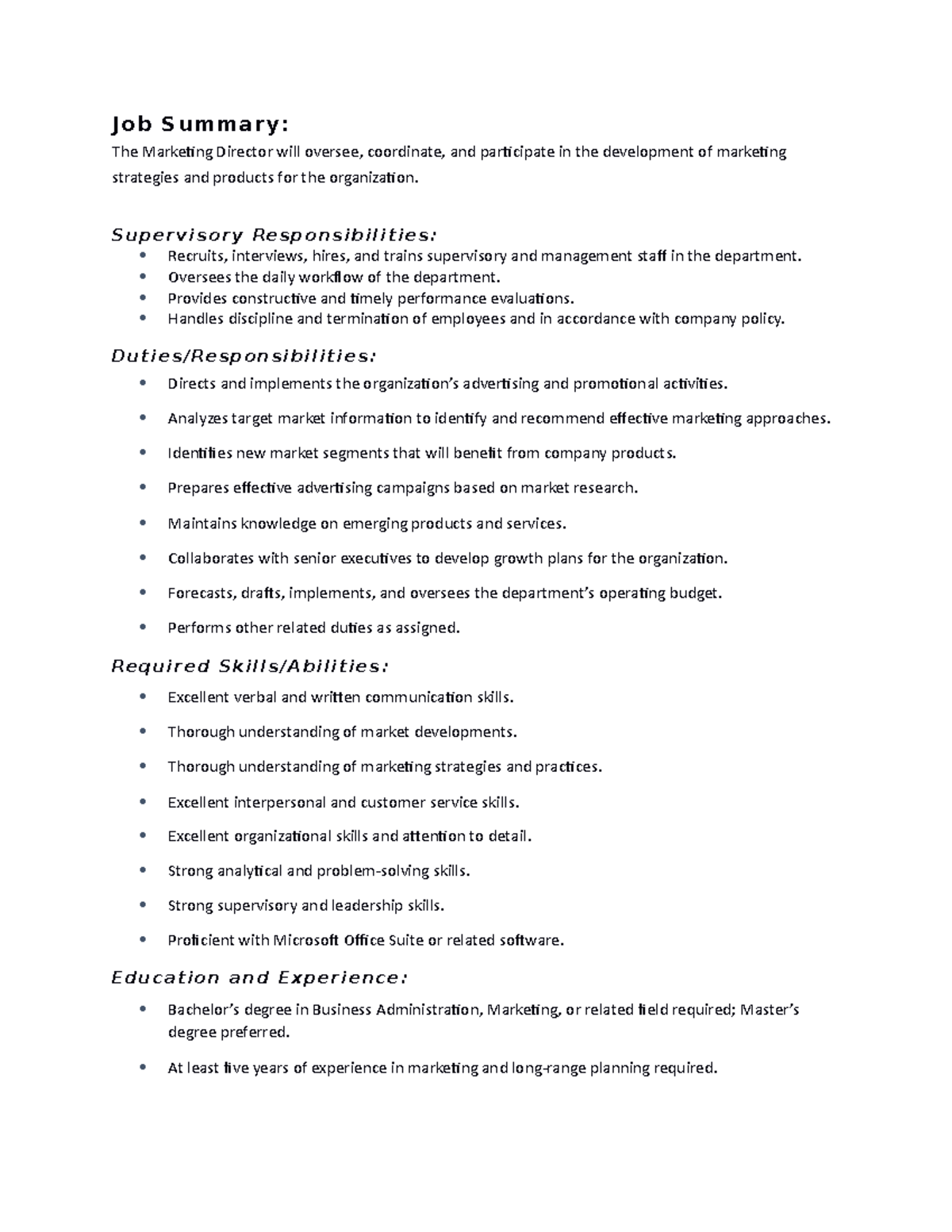 Marketing Director - Sup ervisory Re sp onsibil ities: Recruits ...