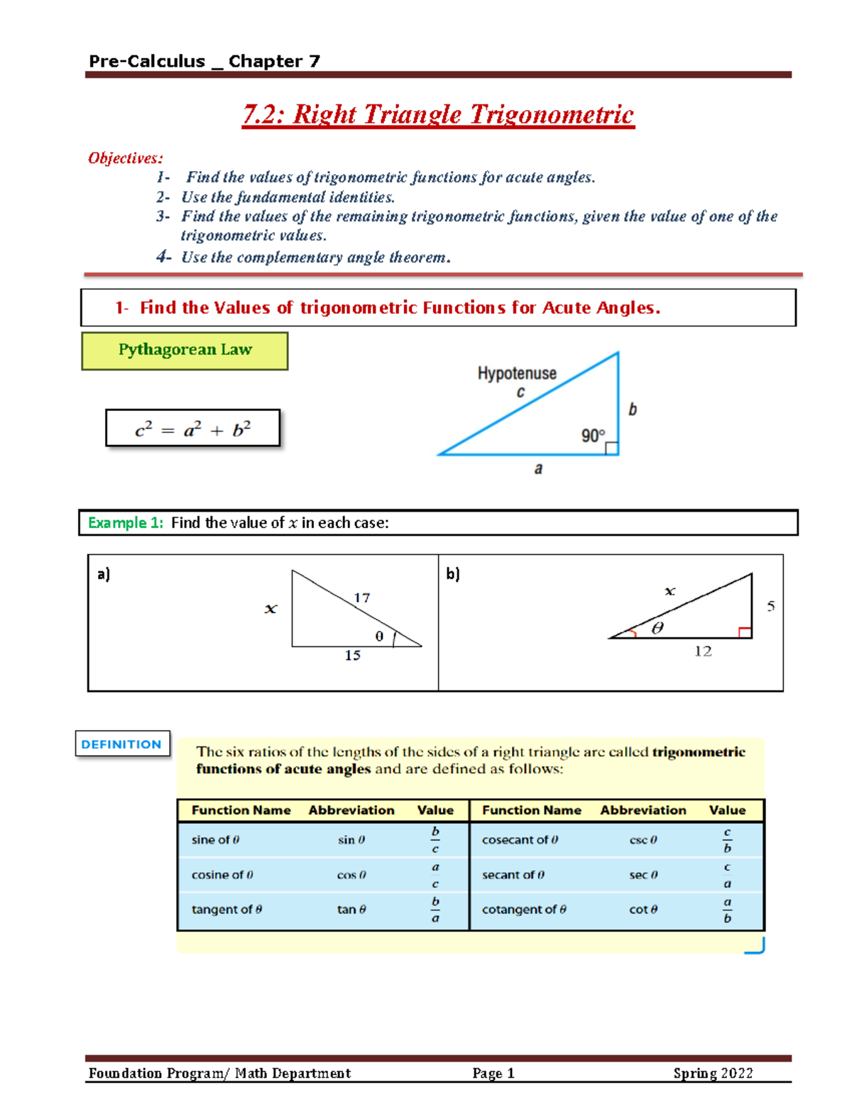 7.2 Right Triangle Trigonometric-Sp22 - 7: Right Triangle Trigonometric ...