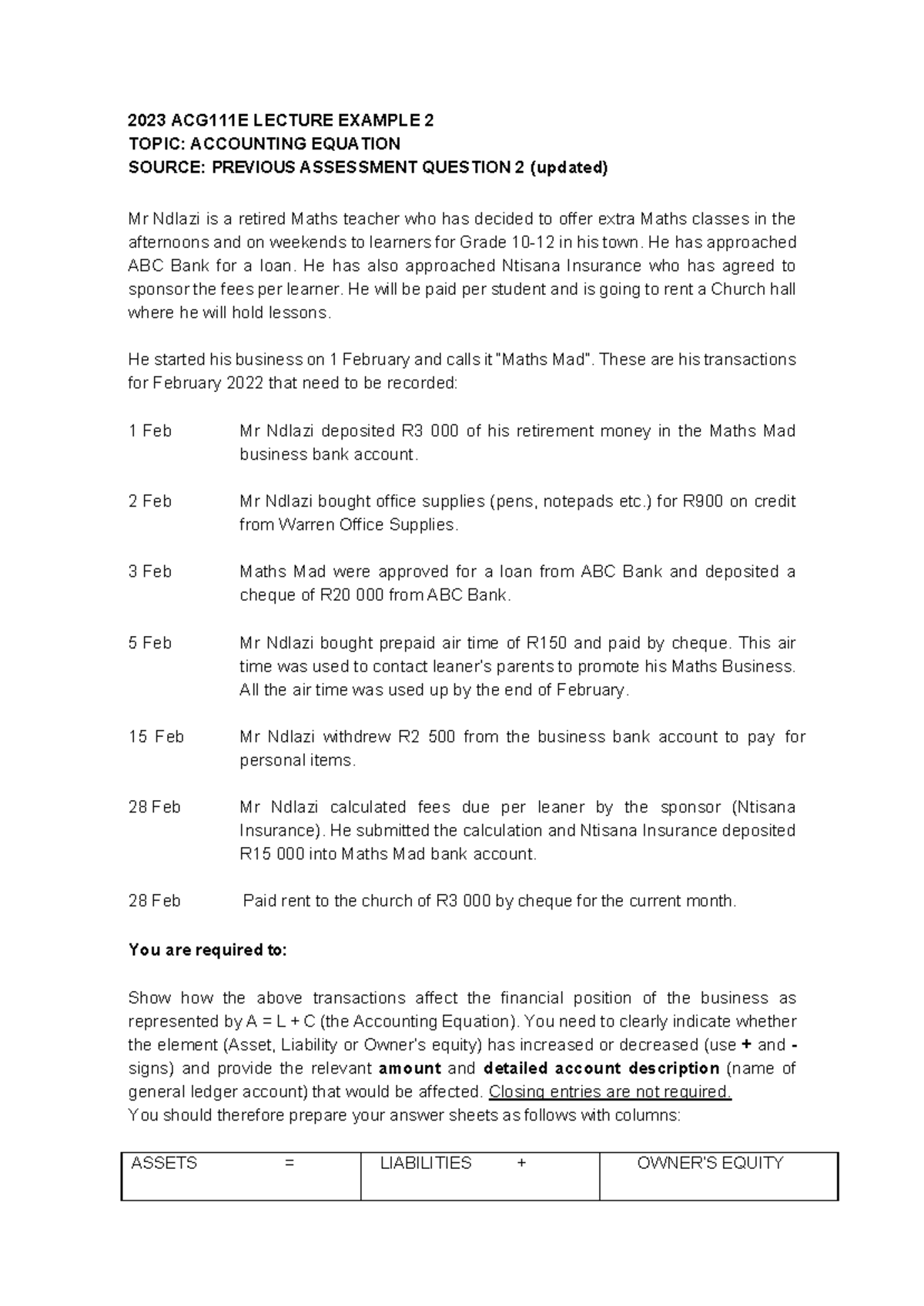 2023 Lecture example 2 Acc Equ - 2023 ACG111E LECTURE EXAMPLE 2 TOPIC: ACCOUNTING EQUATION ...