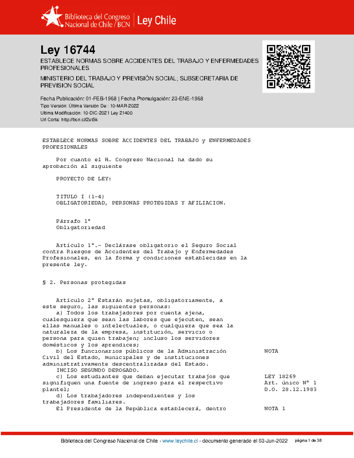 LEY-16744 01-FEB-1968 - Ley 16744 ESTABLECE NORMAS SOBRE ACCIDENTES DEL ...
