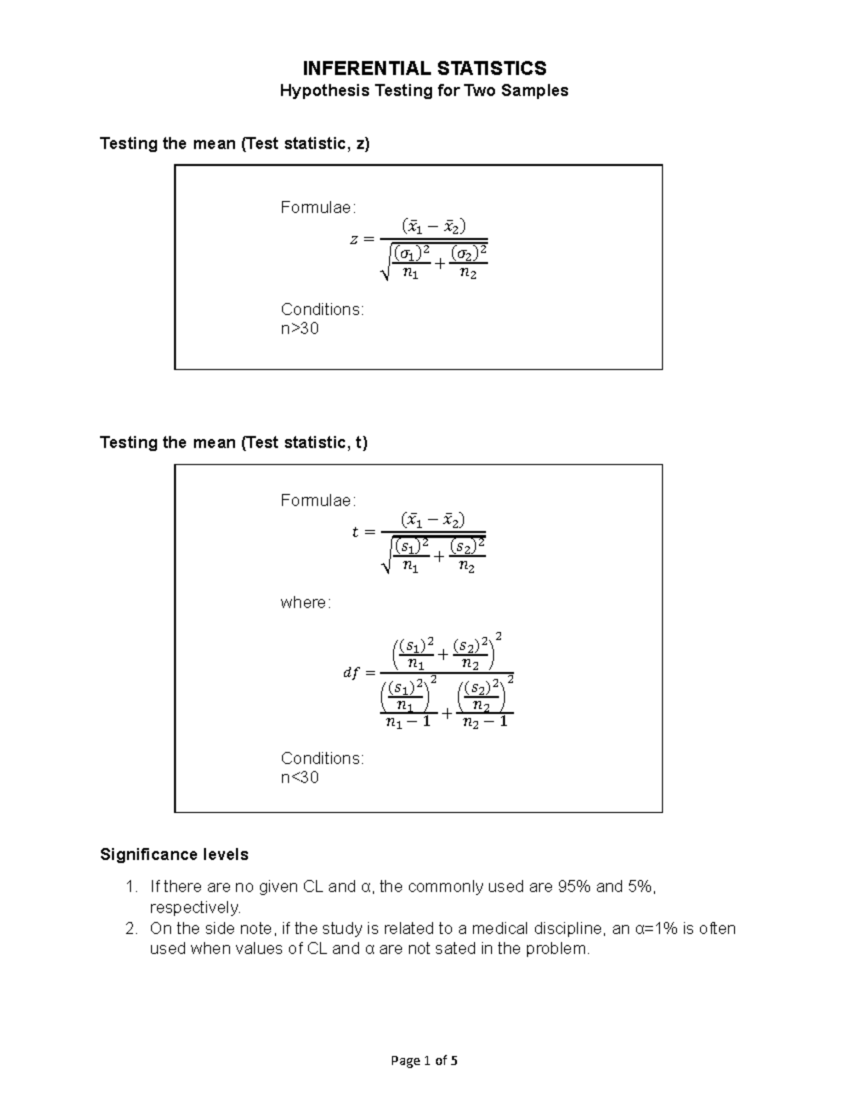 IEP 213 Handouts 4B - INFERENTIAL STATISTICS Hypothesis Testing for Two ...
