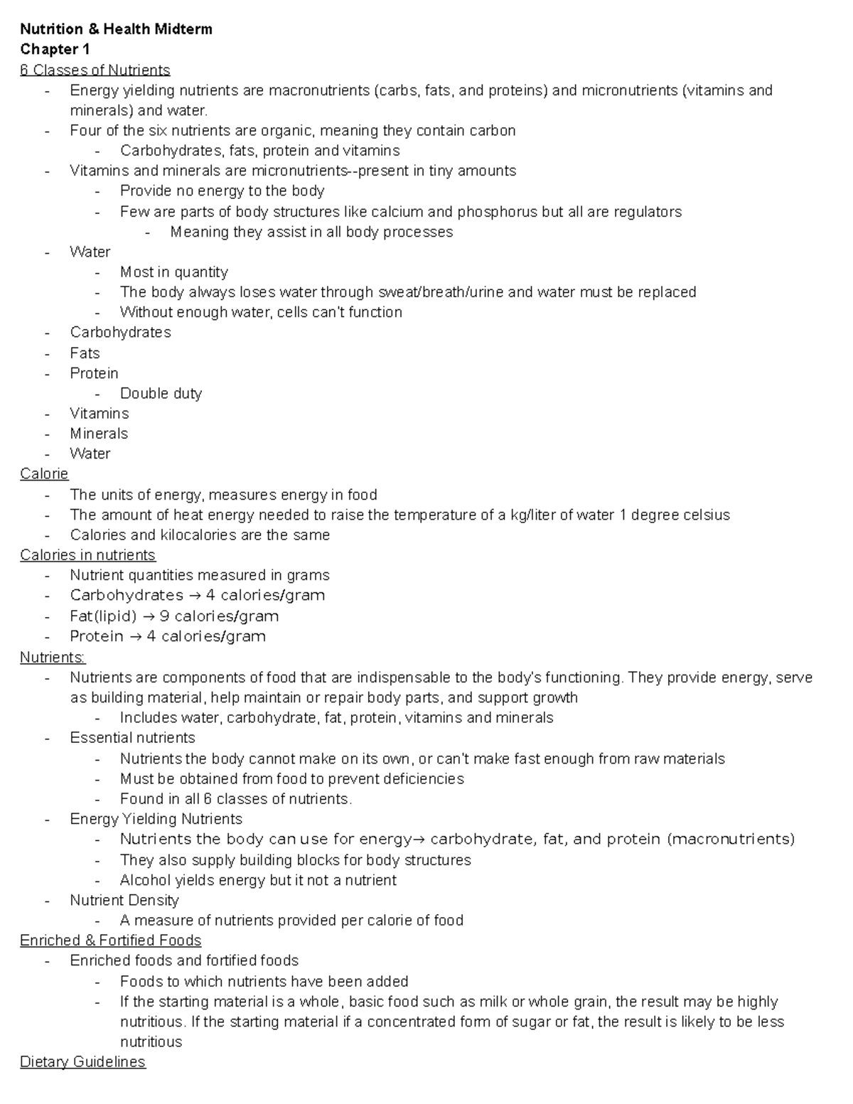 Nutrition Midterm - notes - Nutrition & Health Midterm Chapter 1 6 ...