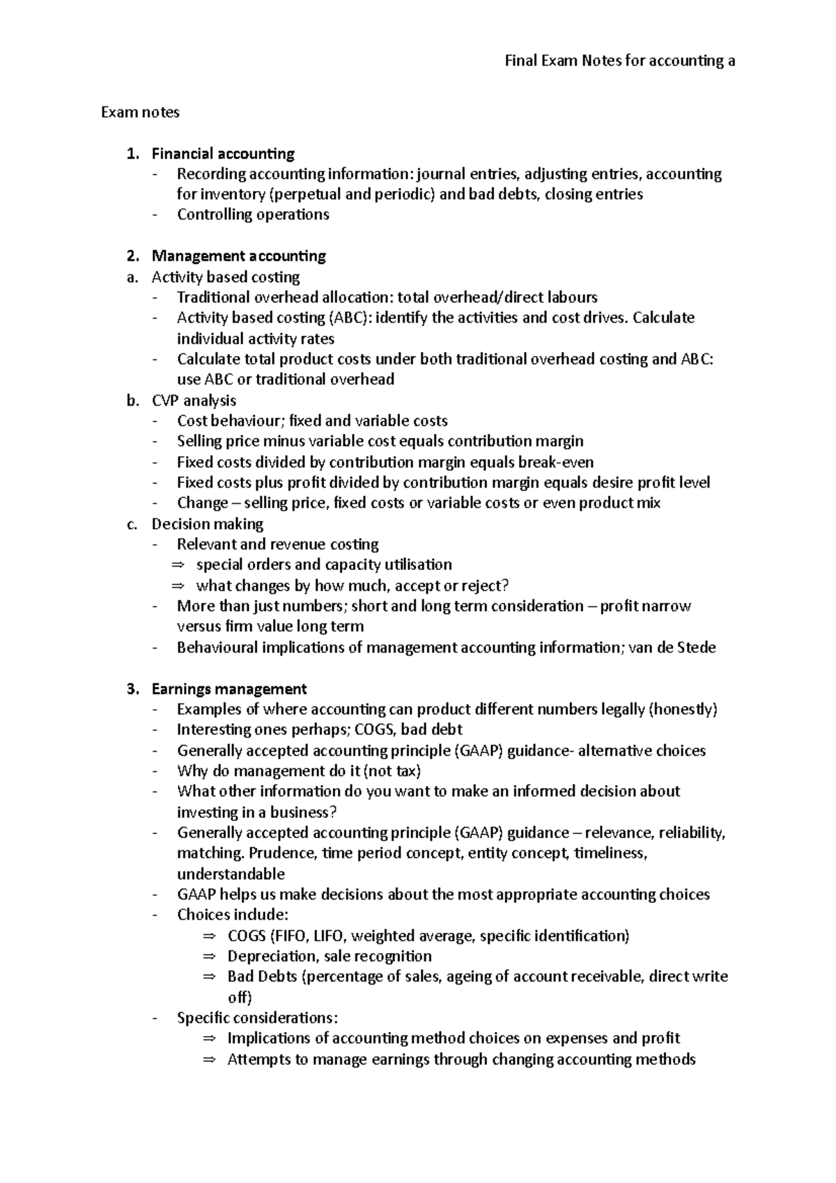 Exam notes for Accounting A - Final Exam Notes for accounting a Exam ...