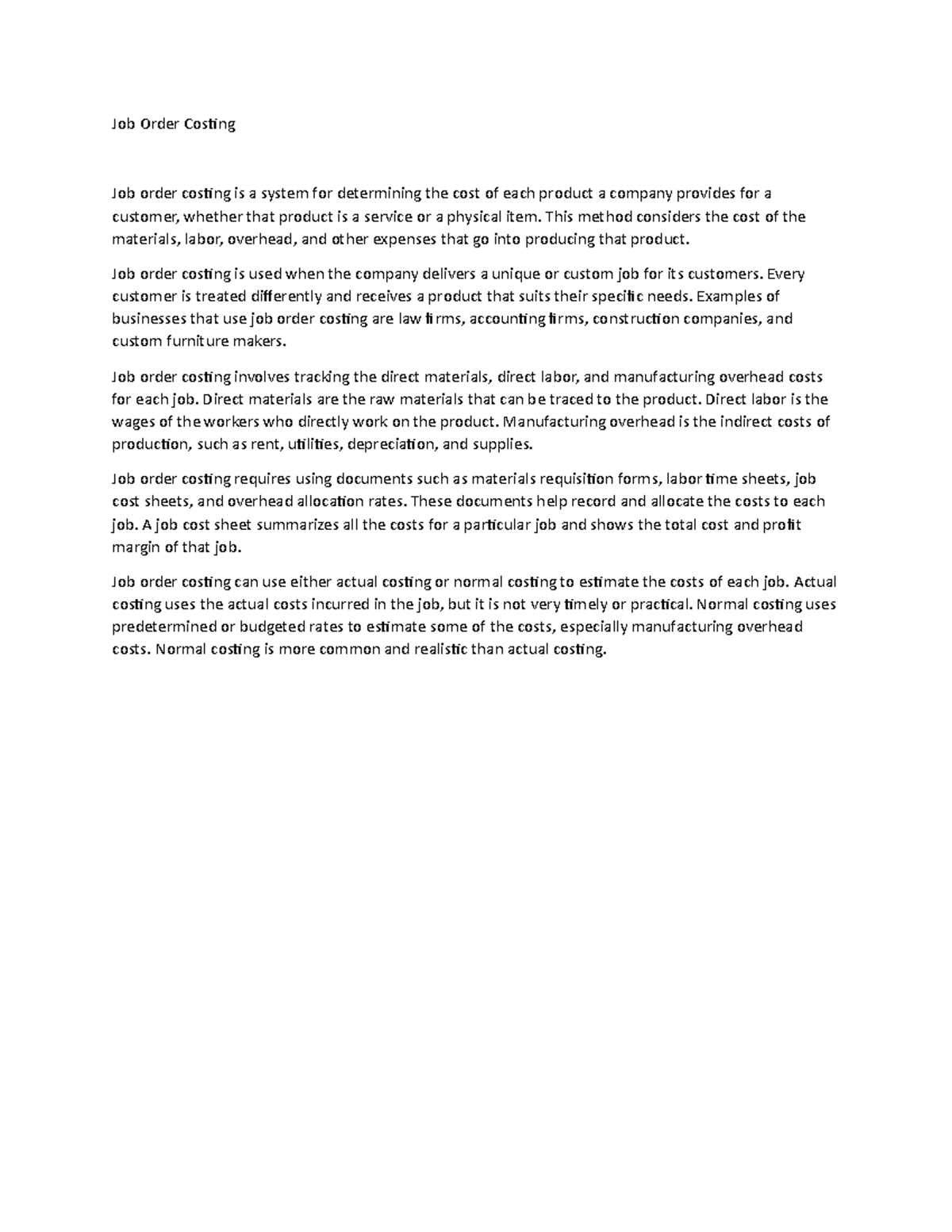 Job Order Costing - notes - Job Order Costing Job order costing is a ...