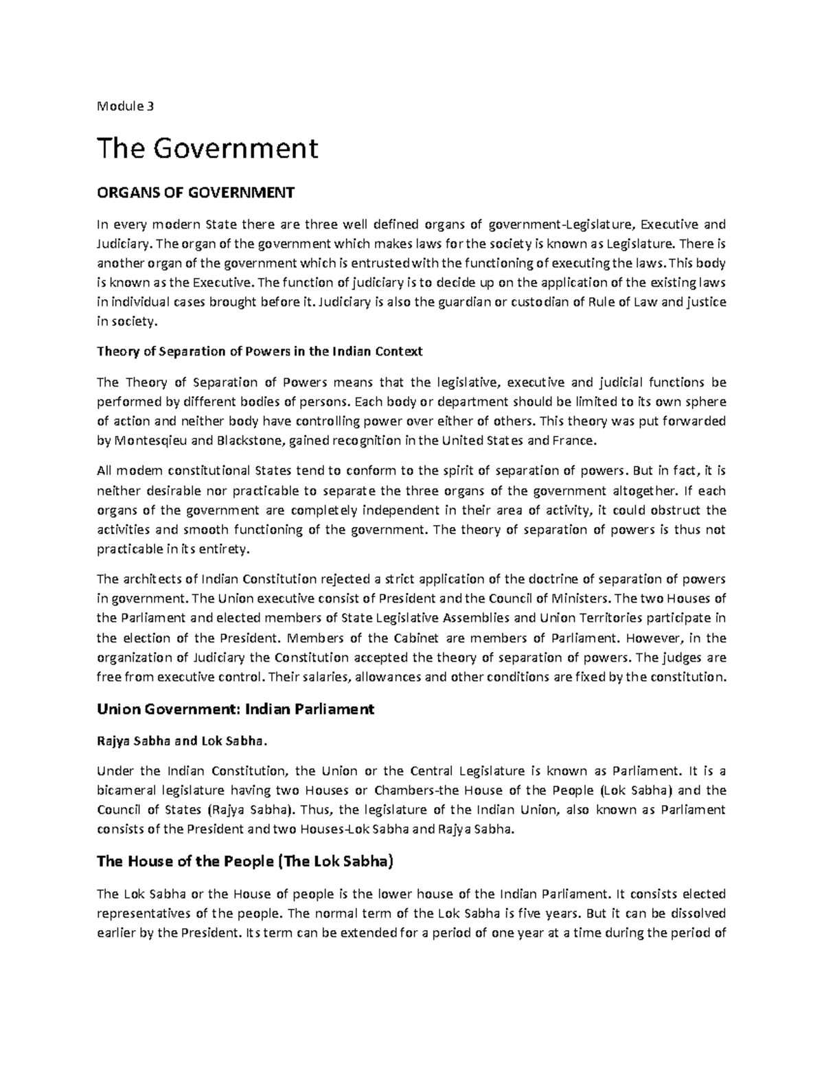 Module 3 - Practice materials - Module 3 The Government ORGANS OF ...