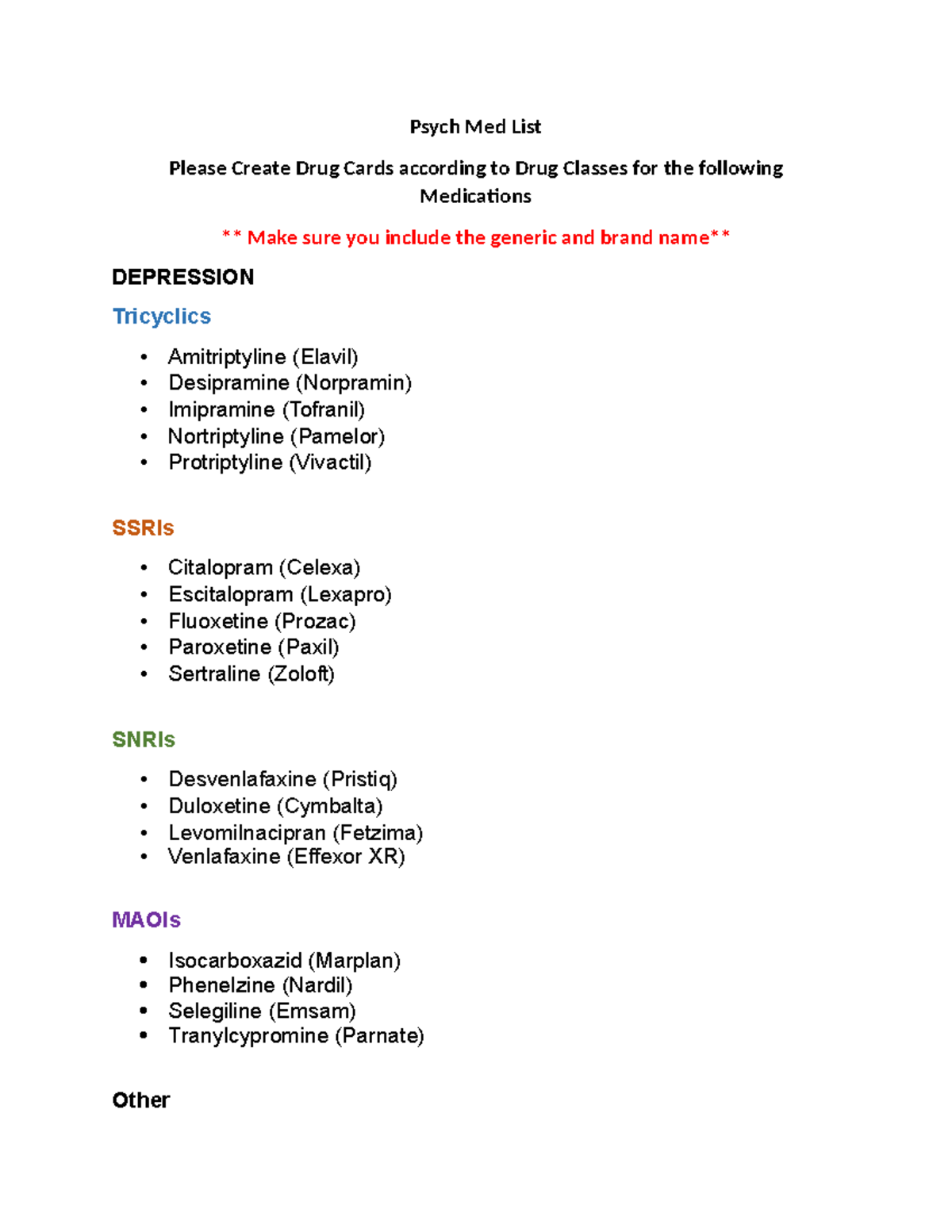 Psych Med List - Study guide provide by instructor - Psych Med List ...