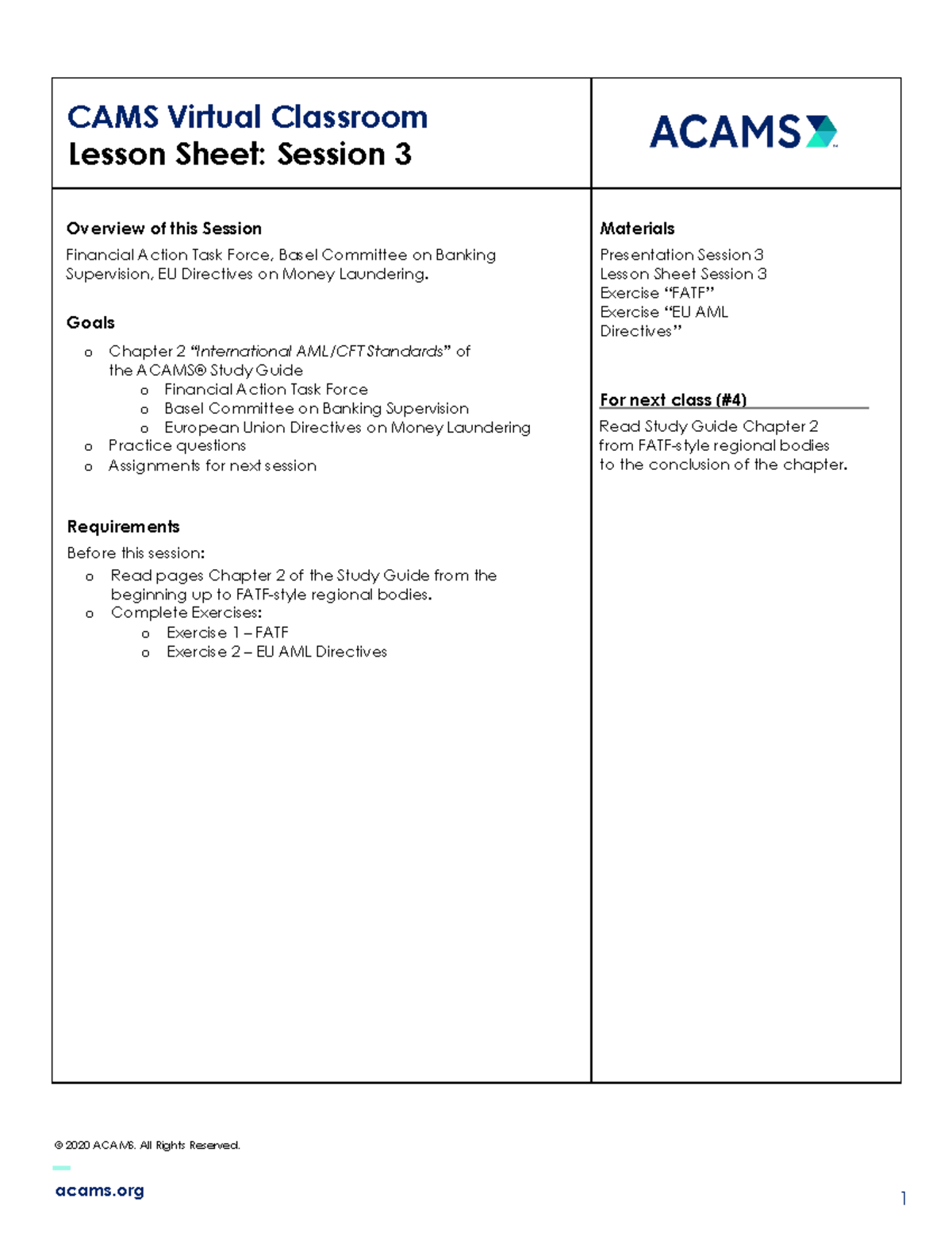 Newbrand Session 3 - Lessonsheet - © 2020 ACAMS. All Rights Reserved ...