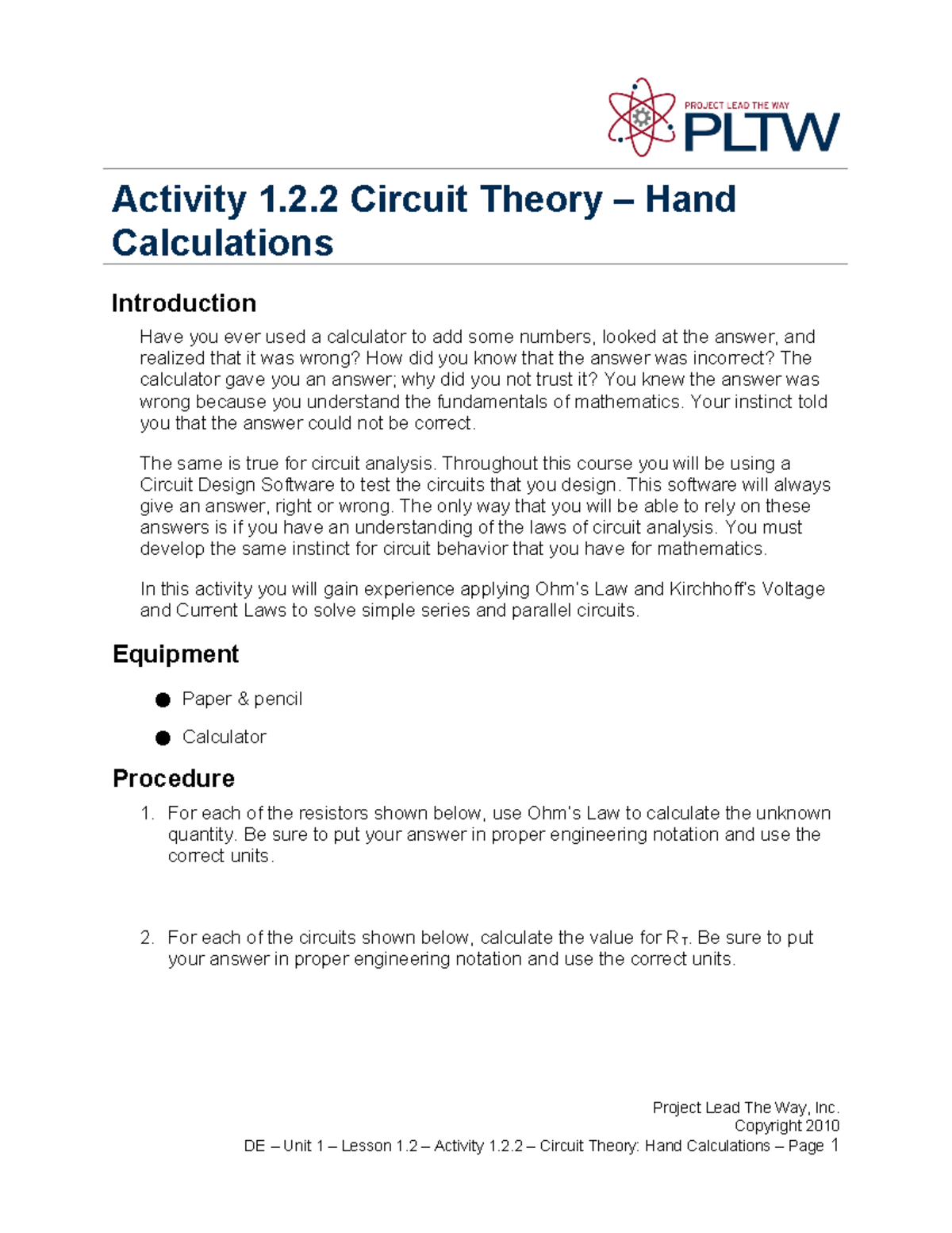 Copy of A1 2 2Circuit Theory Hand Calculations - Activity 1.2 Circuit ...