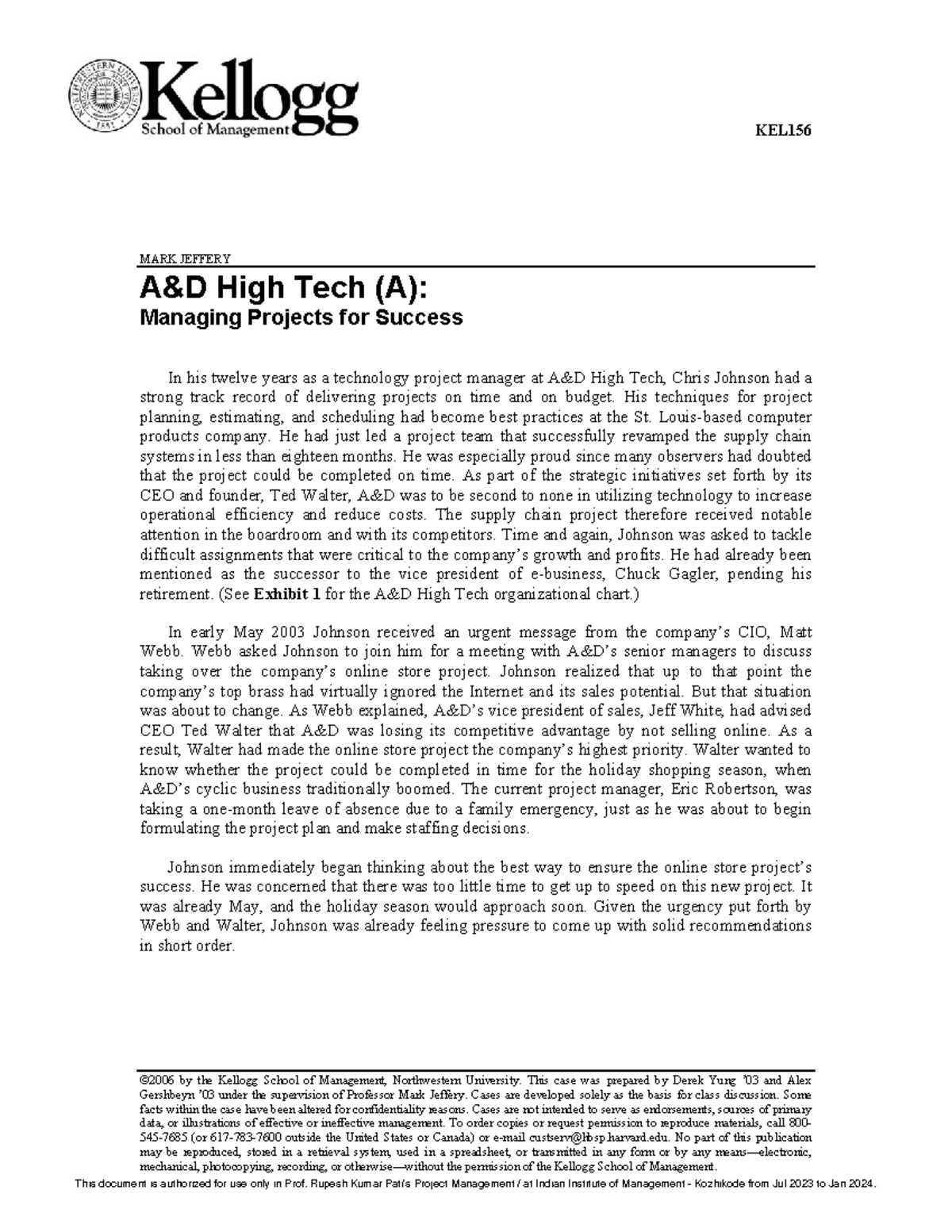 C2.AD High Tech (A) Managing Projects for Success - KEL ©2006 by the ...