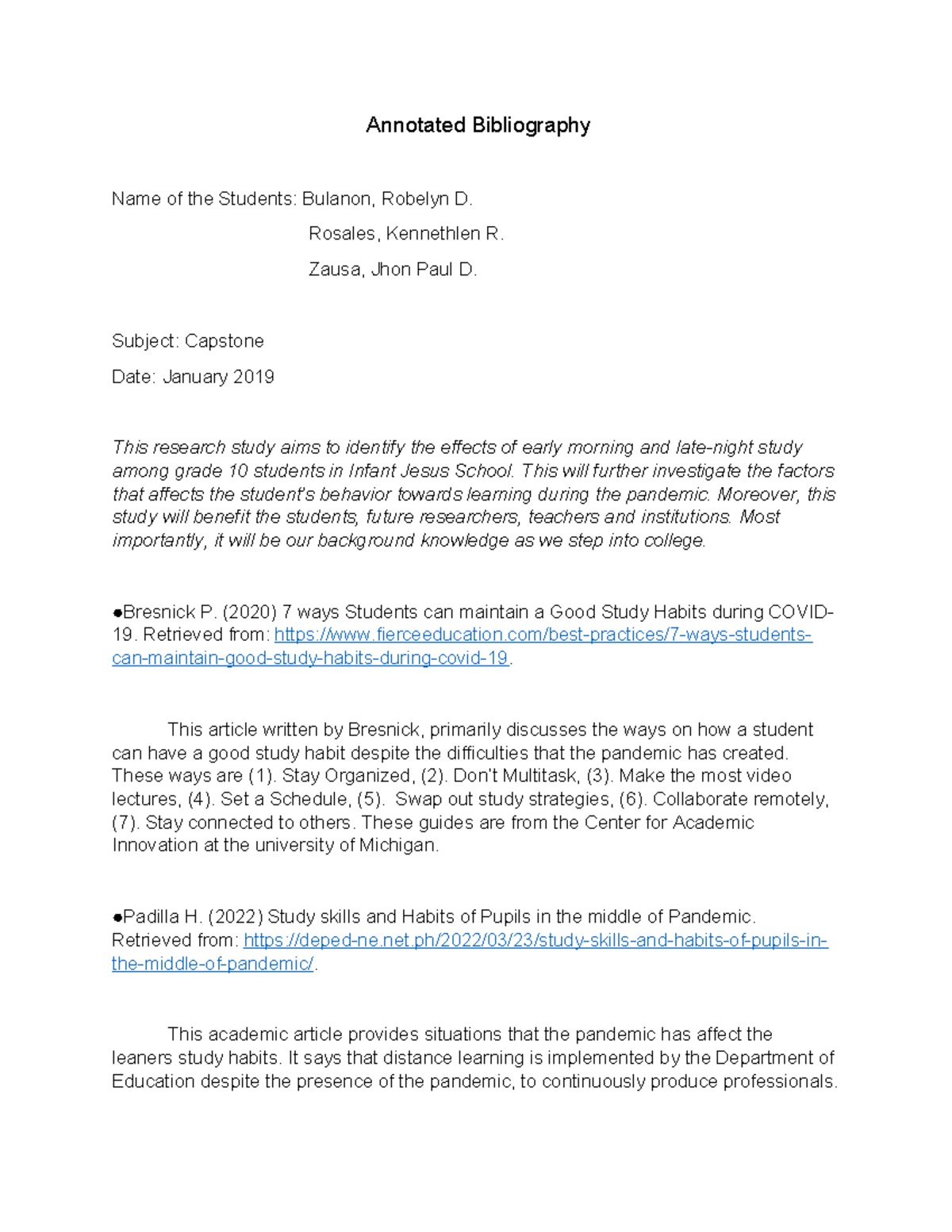 final paper requirements - Annotated Bibliography Name of the Students ...