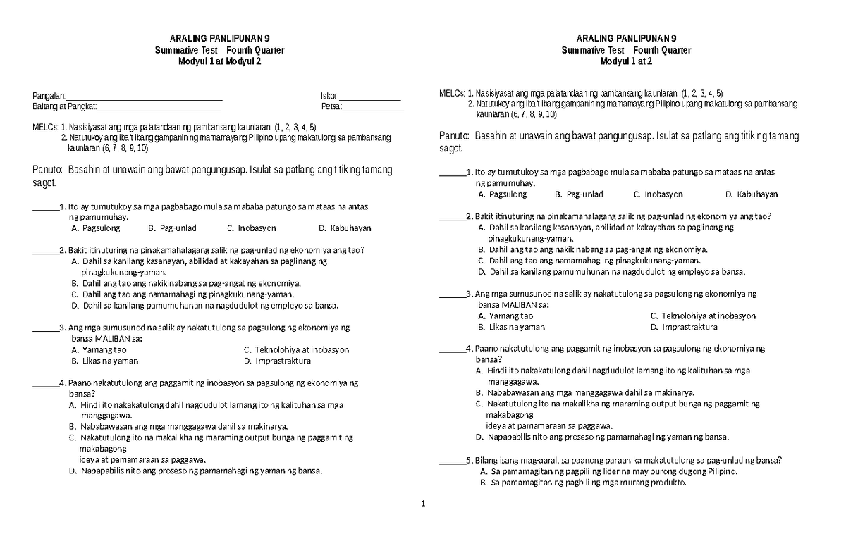 ST Module 1 & 2 4th Quarter - ARALING PANLIPUNAN 9 Summative Test ...