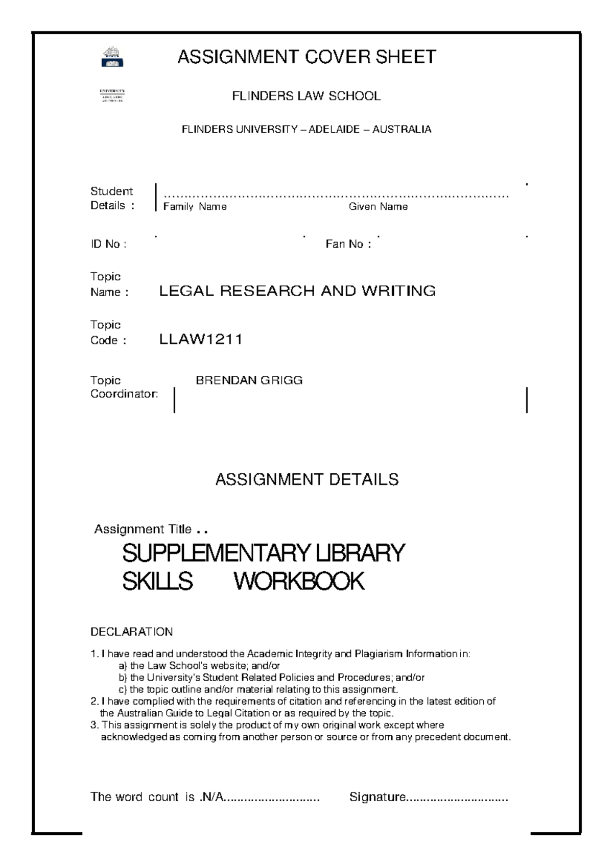 LEGAL RESEARCH AND WRITING - Fam y Name G ven Name ASSIGNMENT COVER ...