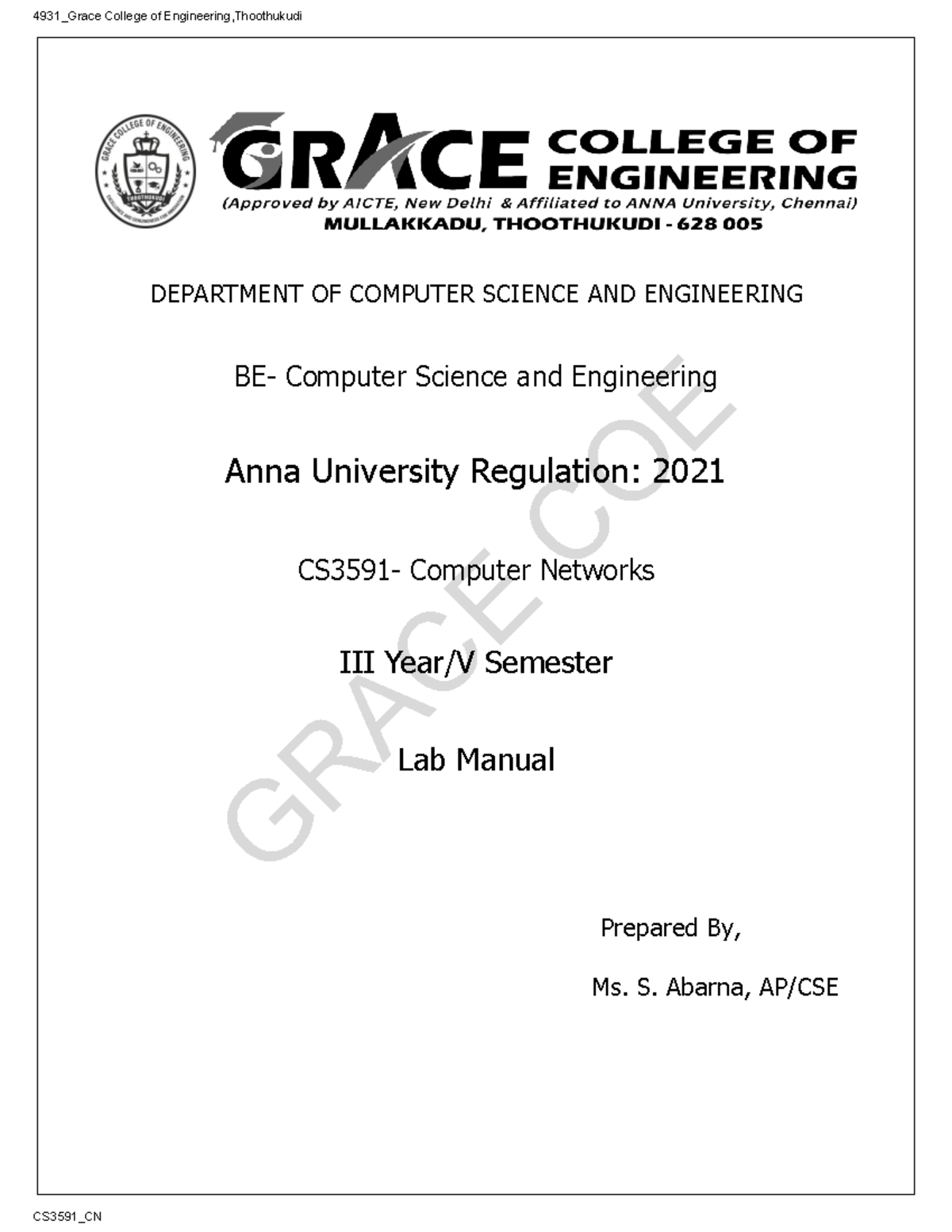 V CSE CS3591 CN Lab Manual - DEPARTMENT OF COMPUTER SCIENCE AND ENGINEERING BE- Computer Science ...