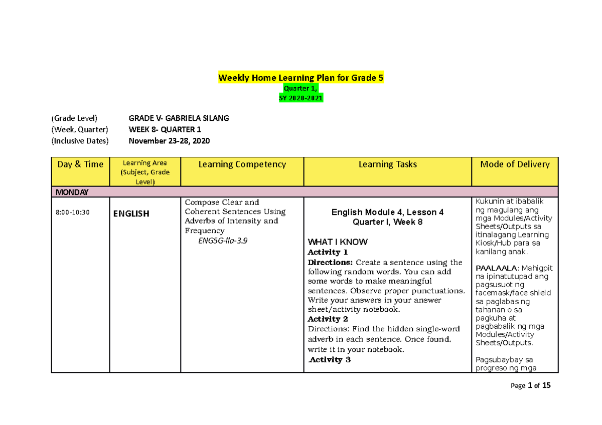 WHLP Q1 WEEK 8 - Sample - Weekly Home Learning Plan for Grade 5 Quarter 1, SY 2020- (Grade Level ...