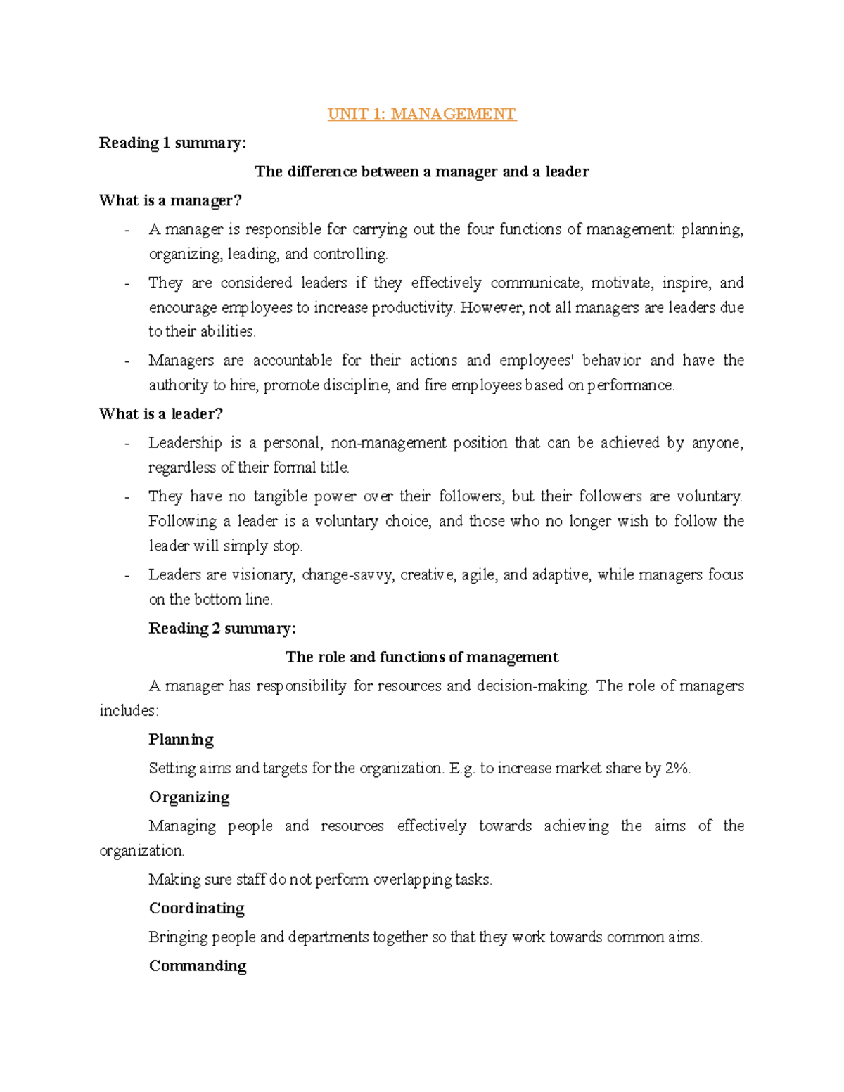 Reading + Case study - Note - UNIT 1: MANAGEMENT Reading 1 summary: The ...
