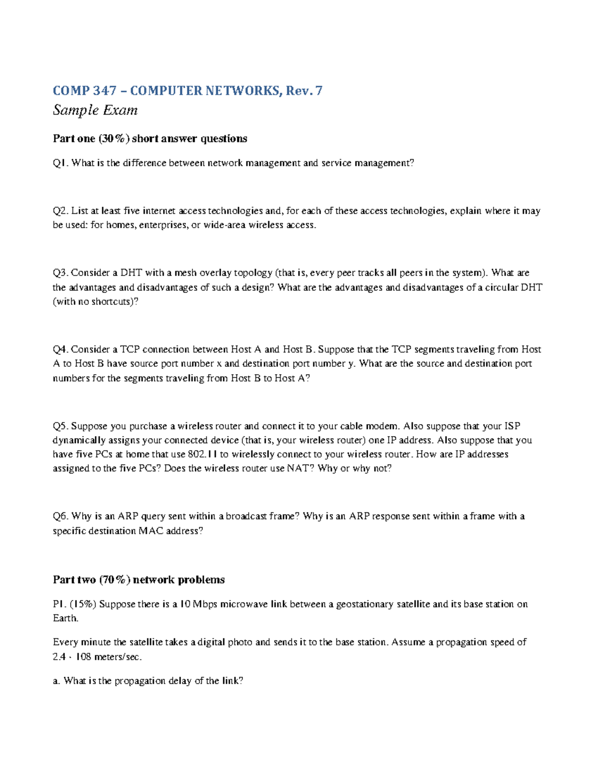 Comp347 sample exam-9Nov2017 - COMP 347 – COMPUTER NETWORKS, Rev. 7 Sample Exam Part one (30% ...