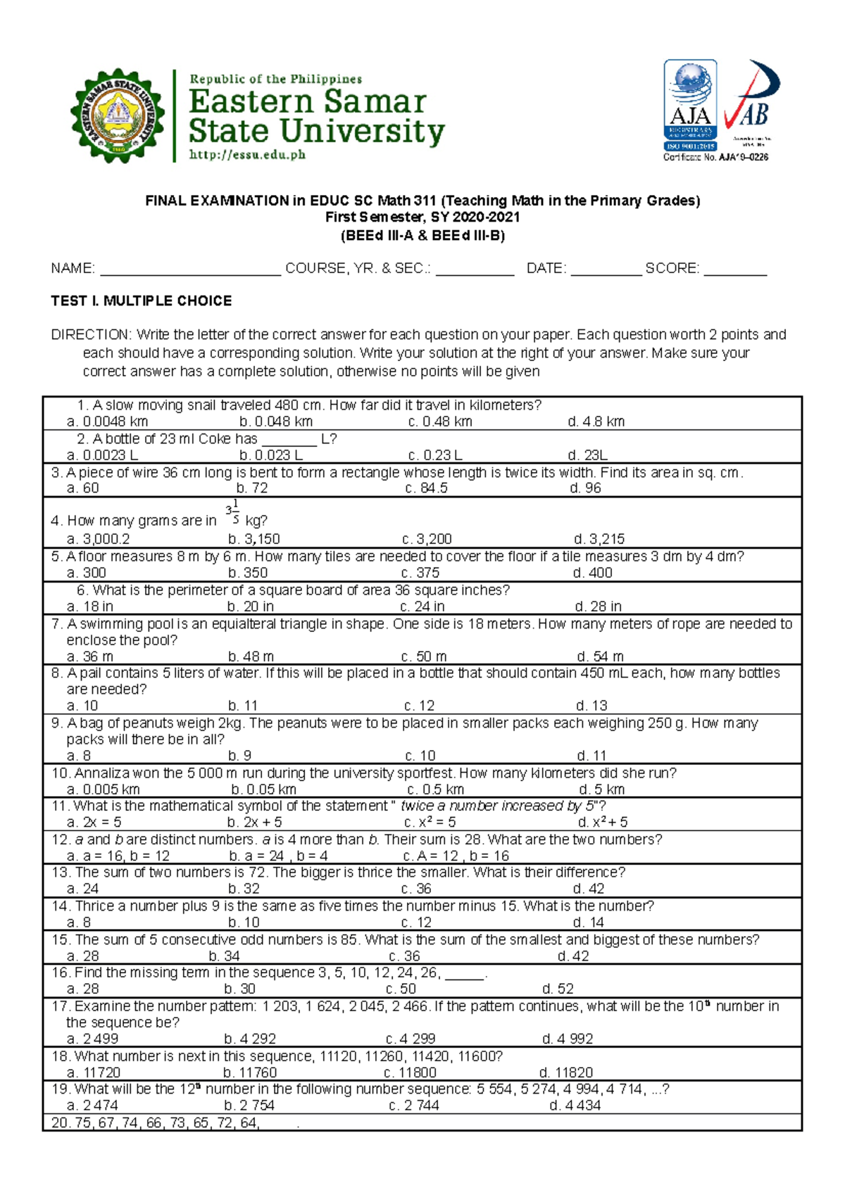 Final Exam in Teaching Math, First Sem., SY 2020-2021 - FINAL ...