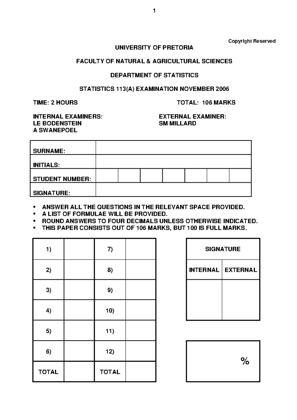 2006 STK 113 Exam Exam For Stats Copyright Reserved UNIVERSITY 2006-stk-113-exam-exam-for-stats-copyright-reserved-university