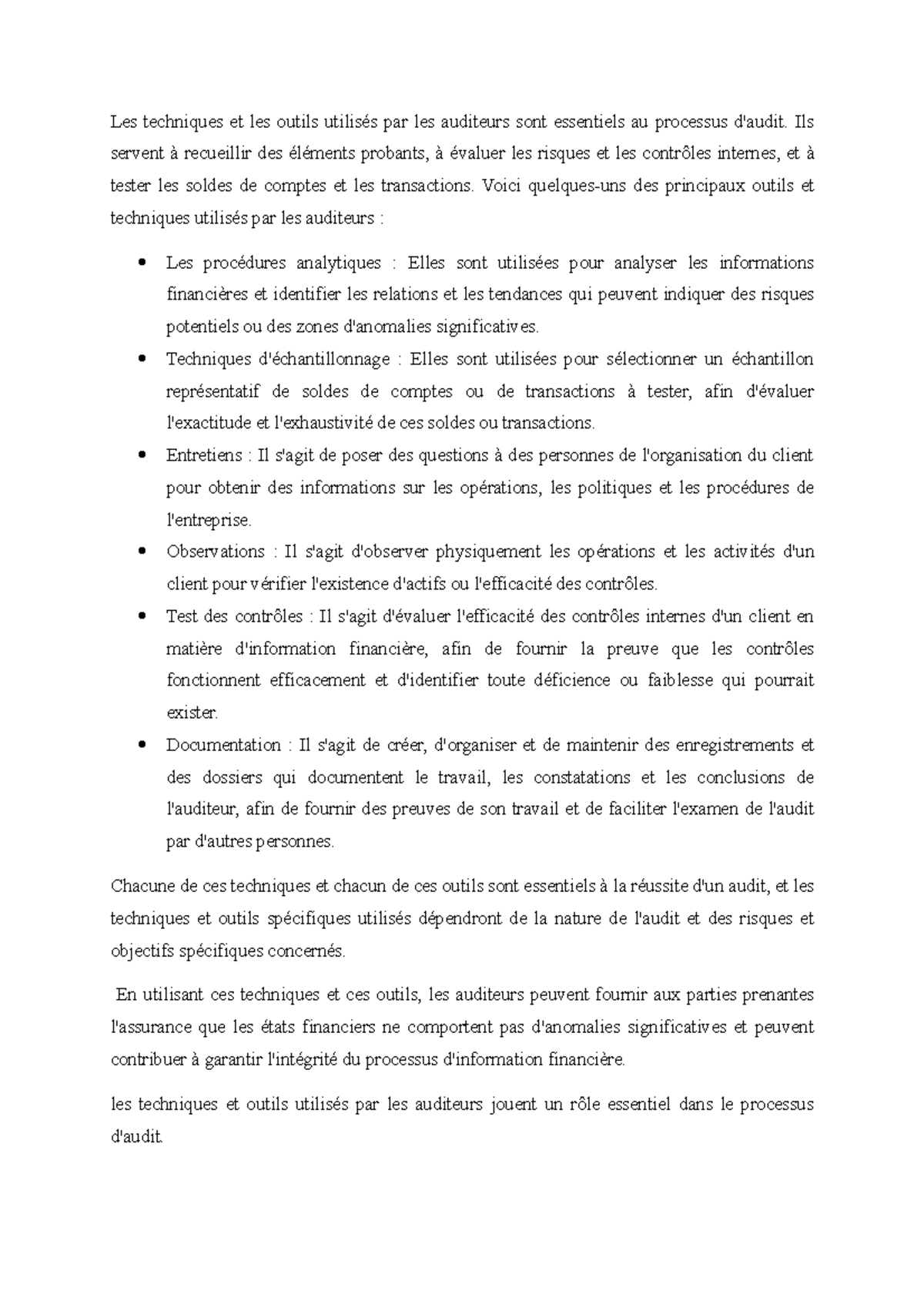 Techniques et outils de l'audit - Les techniques et les outils utilisés par les auditeurs sont ...