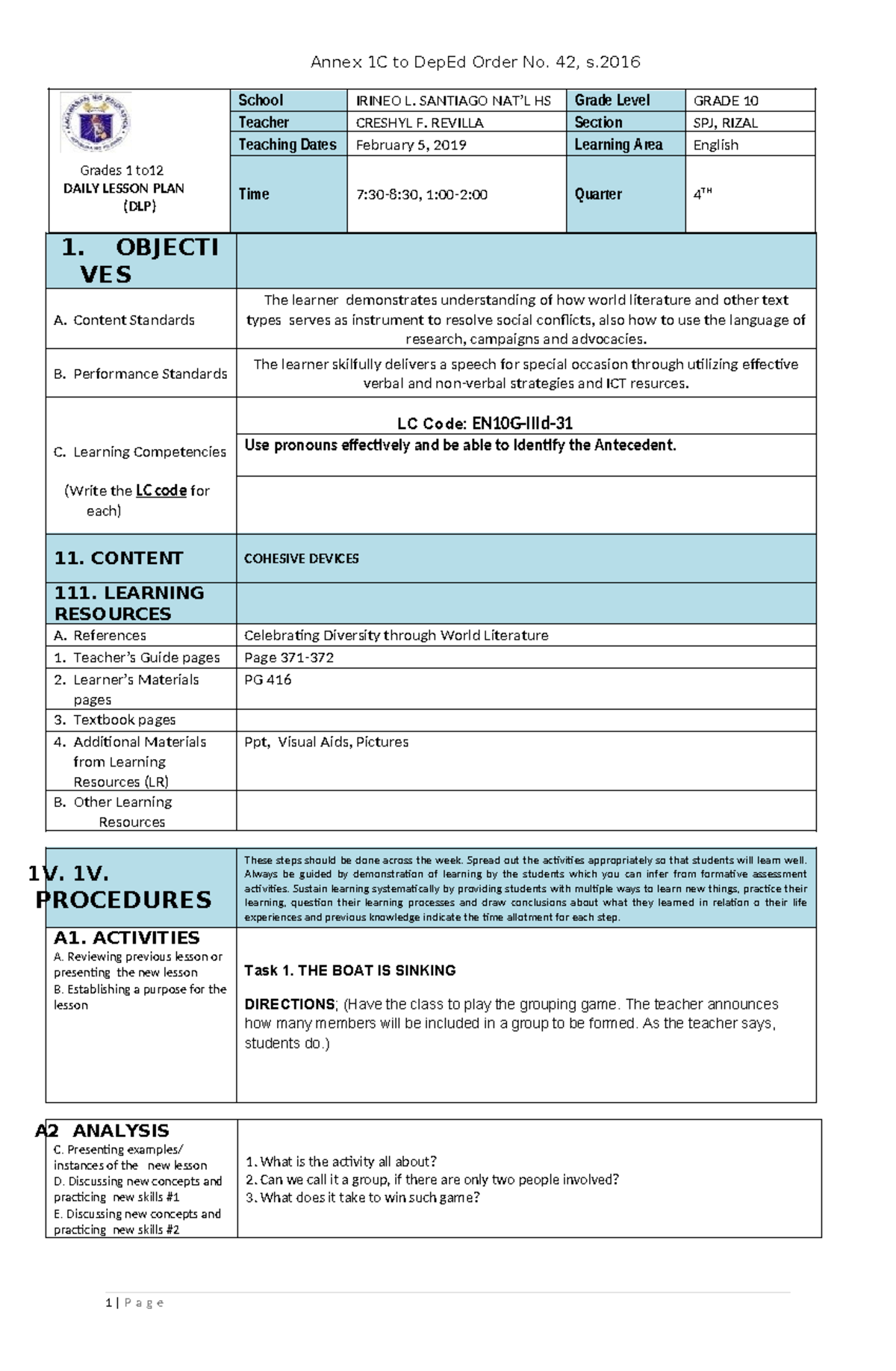 Antecedent 2 Lesson PLan - Annex 1C to DepEd Order No. 42, s. Grades 1 ...