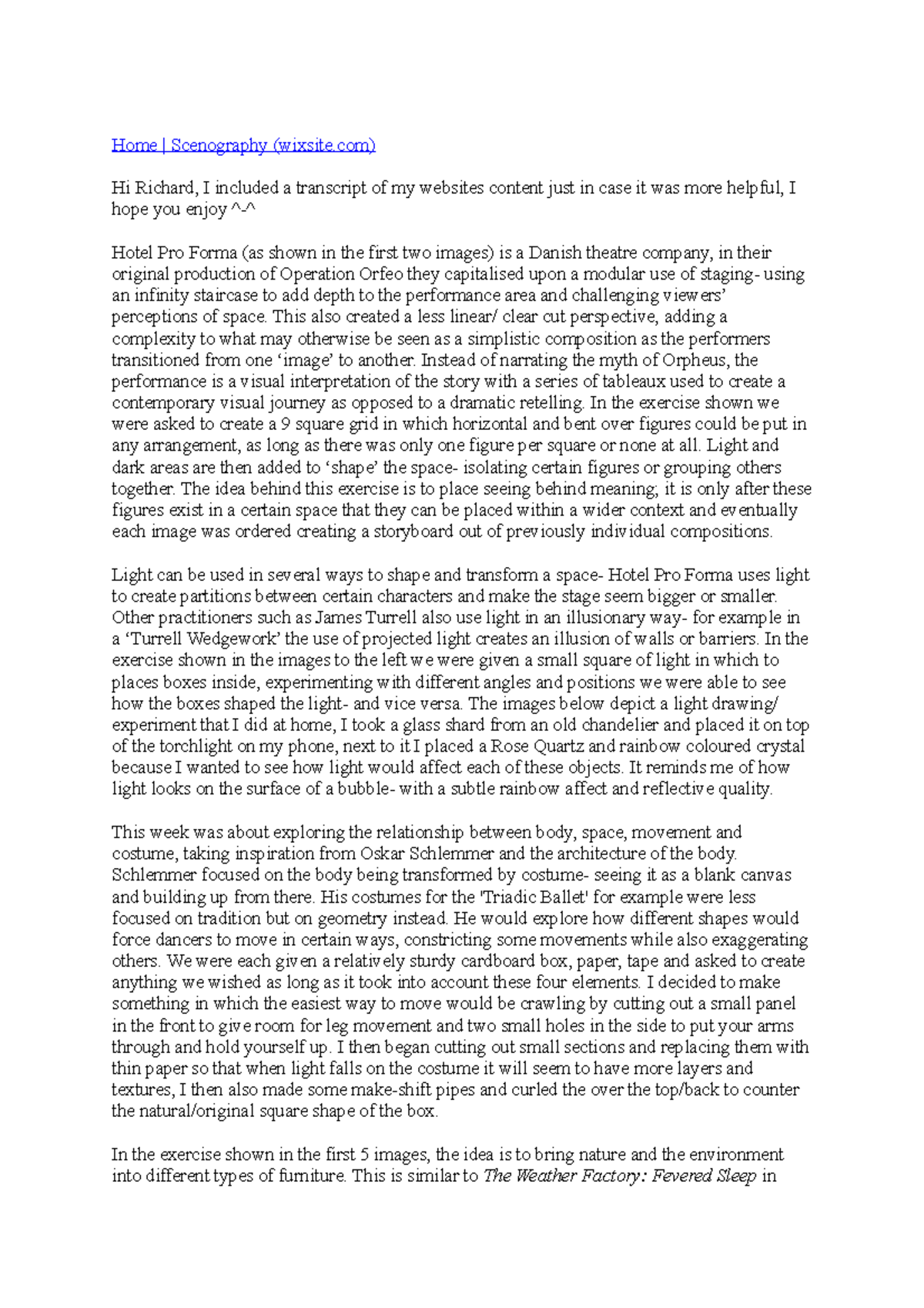 Scenography Portfolio - Home | Scenography (wixsite) Hi Richard, I ...