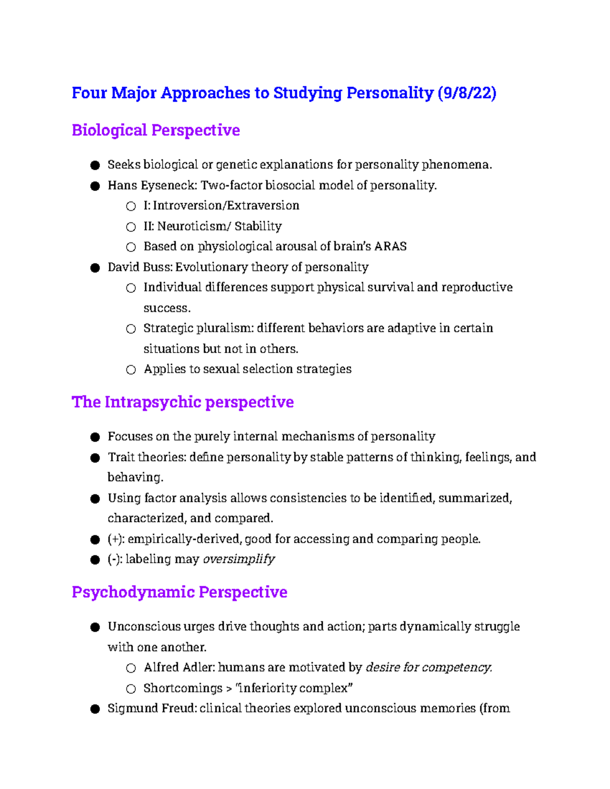 Personality perspectives - Four Major Approaches to Studying Personality (9/8/22) Biological ...