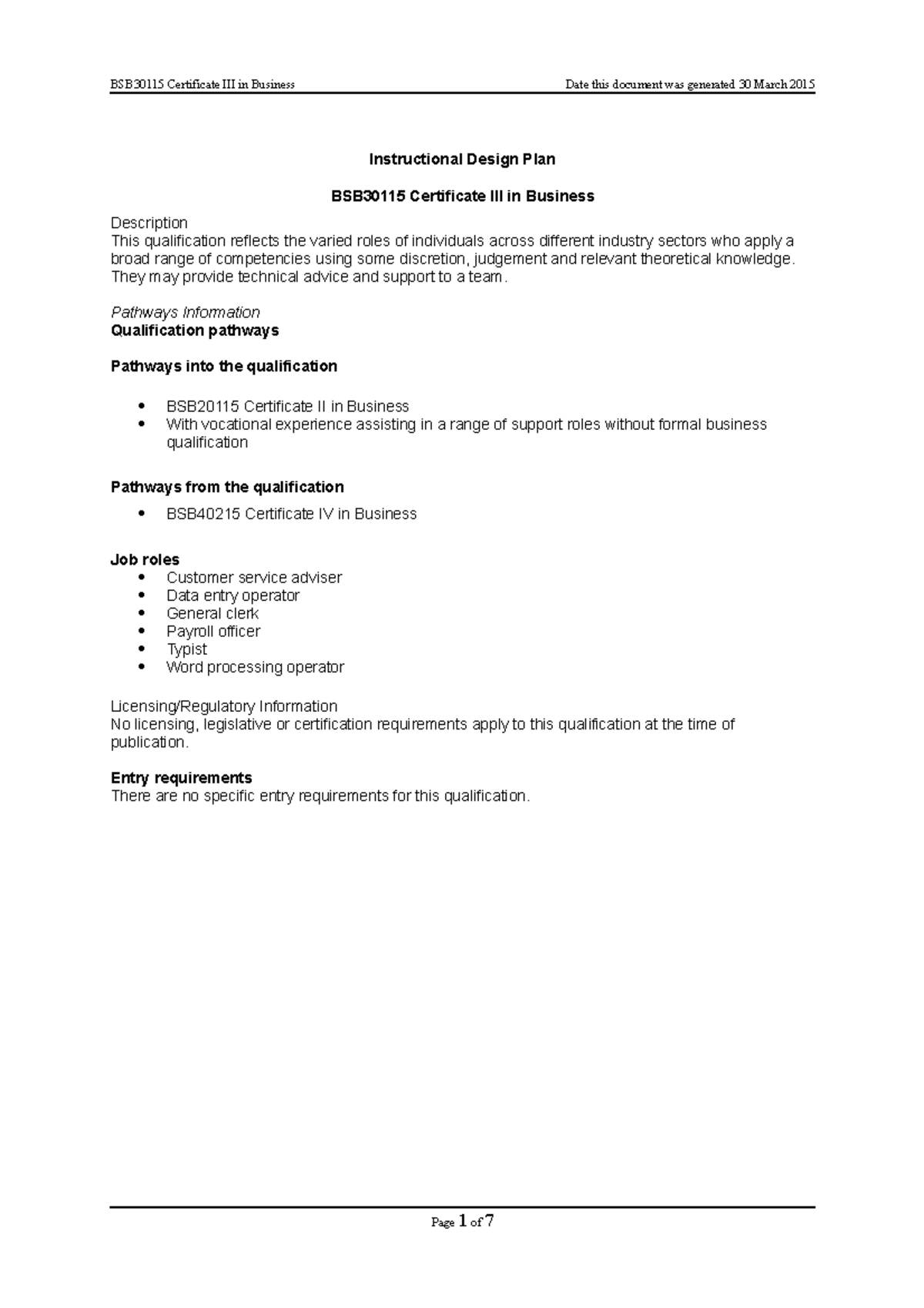 IDP - BSB30115 Certificate III in Business - Instructional Design Plan ...