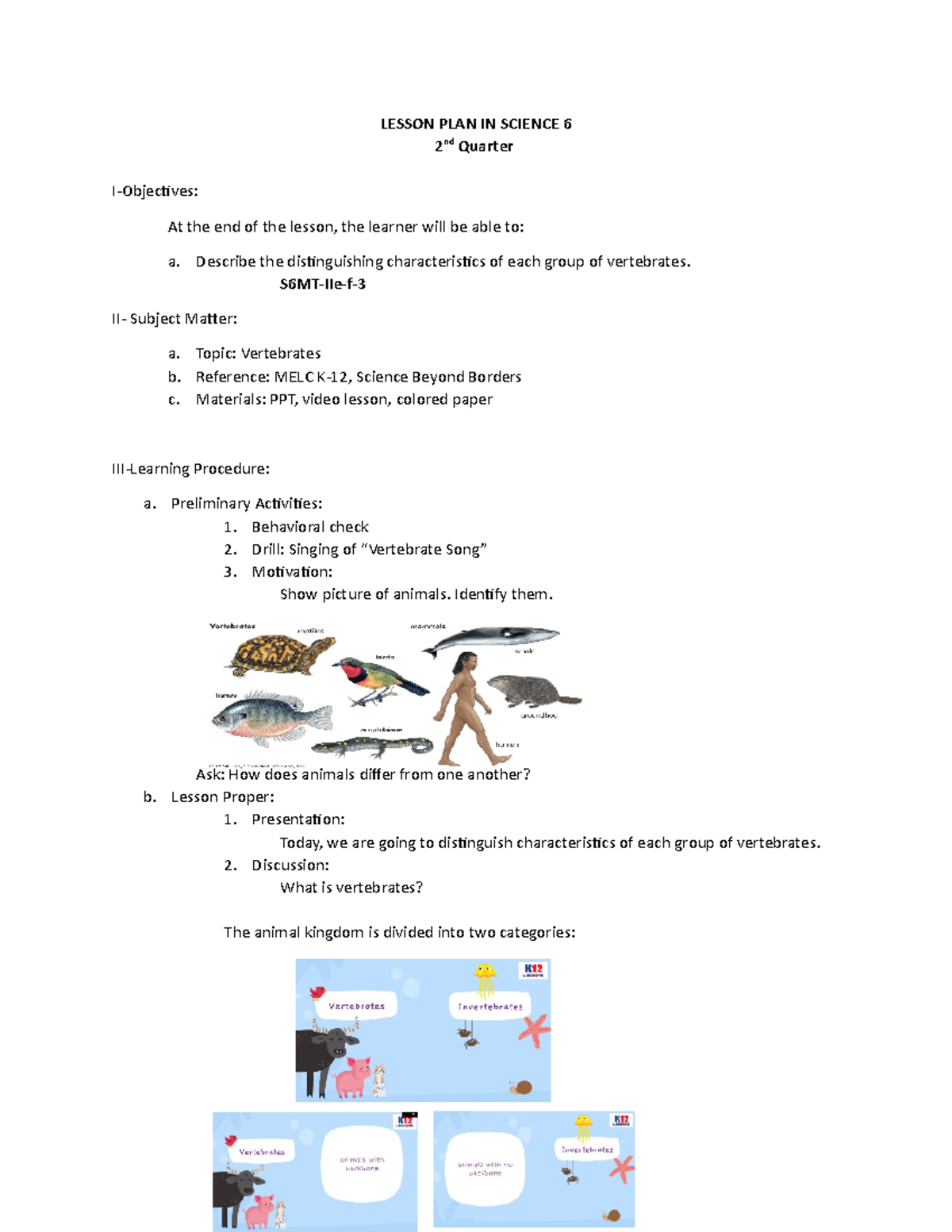 Lesson PLAN IN Science 6 - LESSON PLAN IN SCIENCE 6 2 nd Quarter I ...