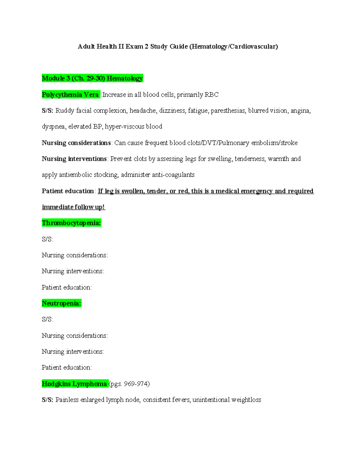 AH2 Exam 2 Study Guide - Adult Health II Exam 2 Study Guide (Hematology ...