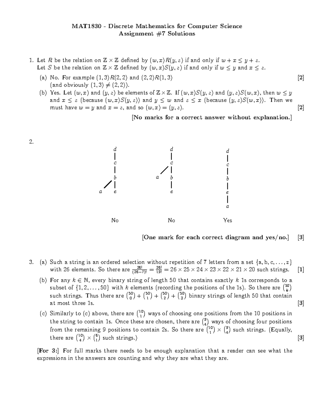Assignment 7Solutions - MAT1830 - Discrete Mathematics for Computer Science Assignment #7 ...