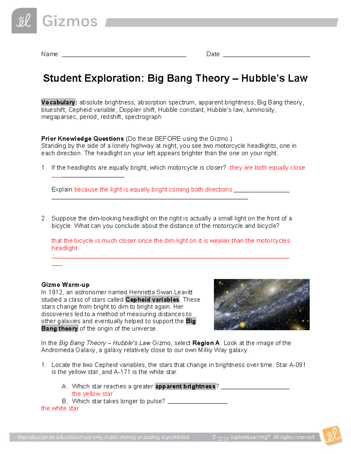 Big Bang SE - Big bang theory Sheet - Name: Date: Student Exploration ...