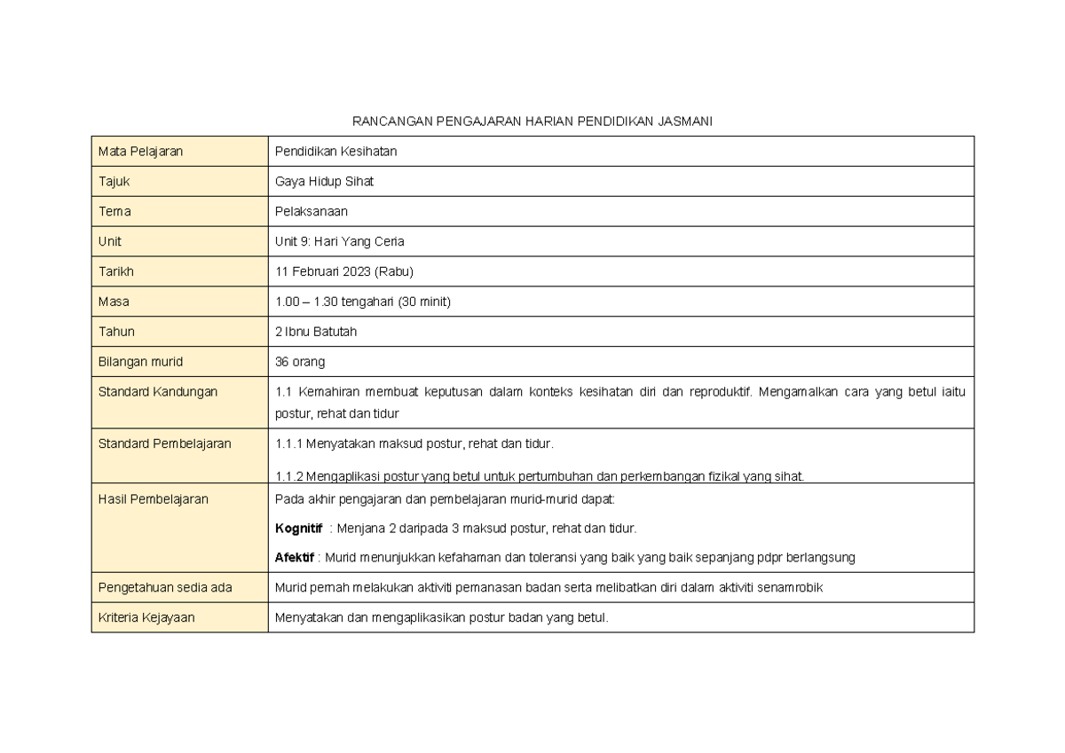 RPH PK 2B (W1) - rph - RANCANGAN PENGAJARAN HARIAN PENDIDIKAN JASMANI Mata Pelajaran Pendidikan ...