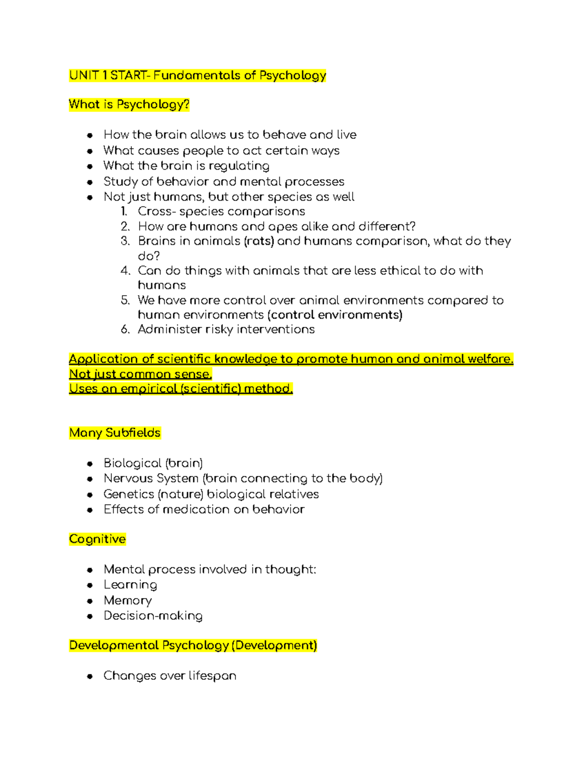 PSY 101 Notes UNIT 1 - Meant to label document PSY 110 - UNIT 1 START ...