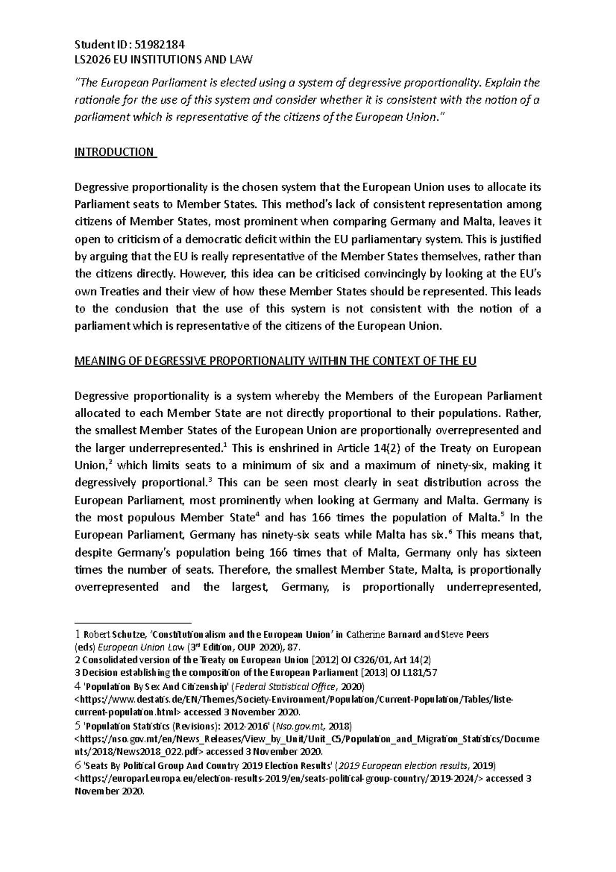 DEGRESSIVE PROPORTIONALITY ESSAY - LS2026 EU INSTITUTIONS AND LAW "The ...
